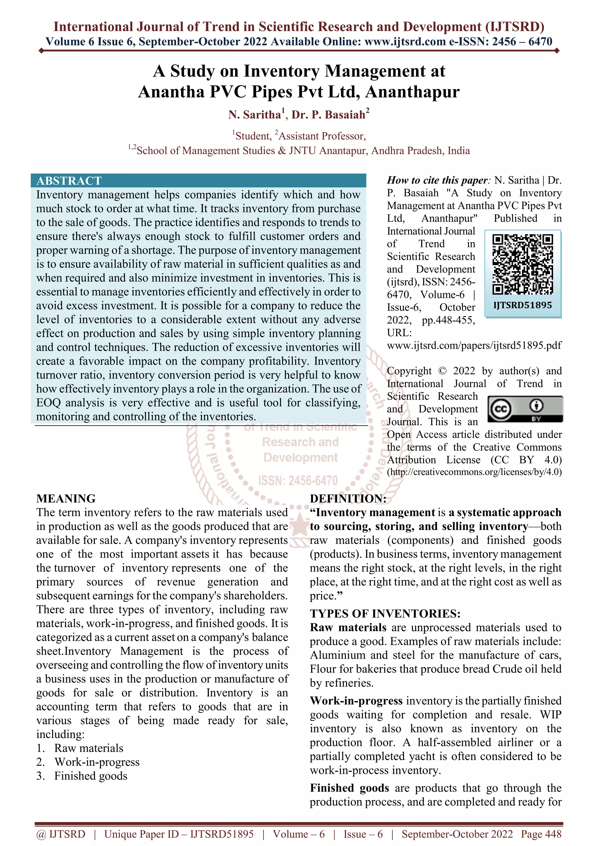 A Study on Inventory Management at Anantha PVC Pipes Pvt Ltd ...