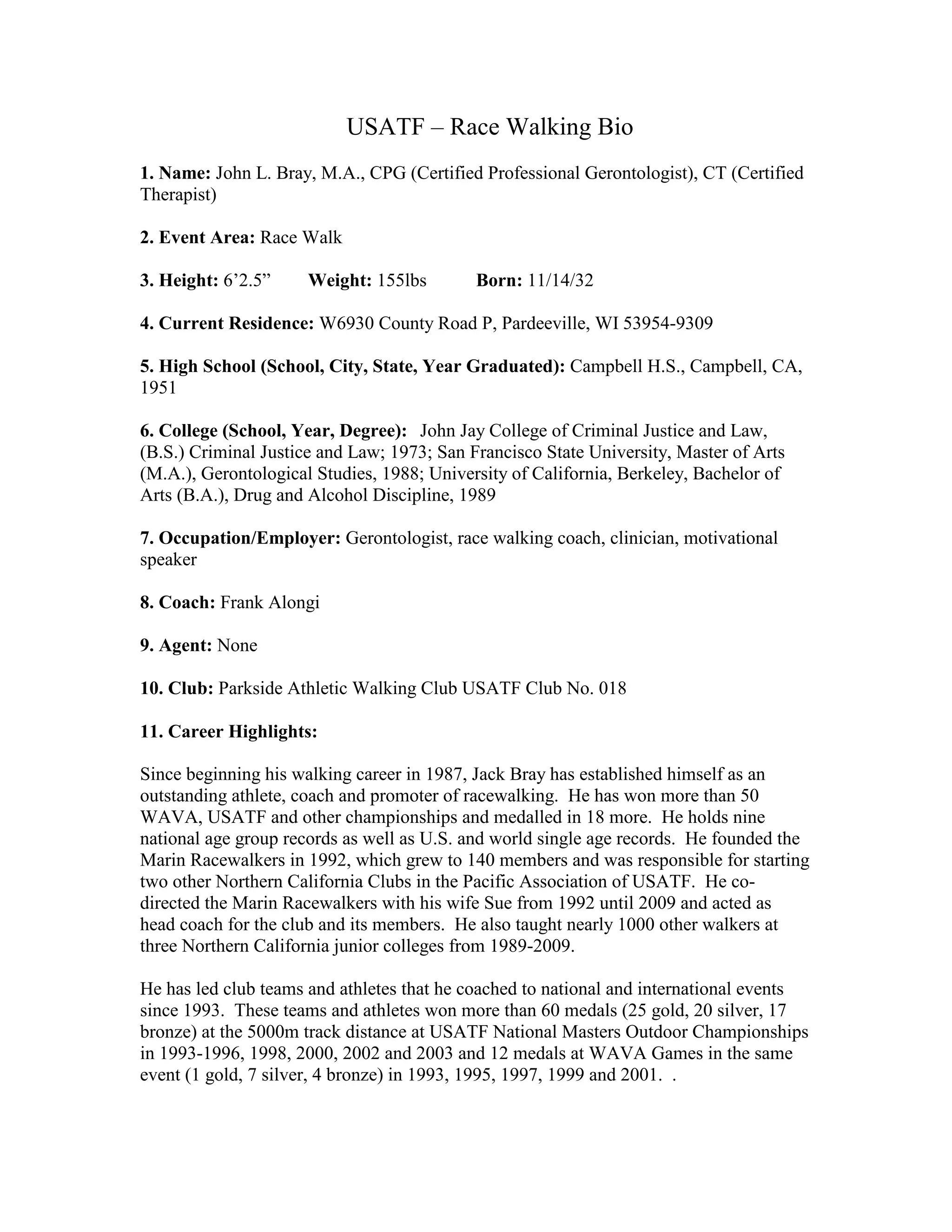 Bray USATF Racewalking Bio | PDF