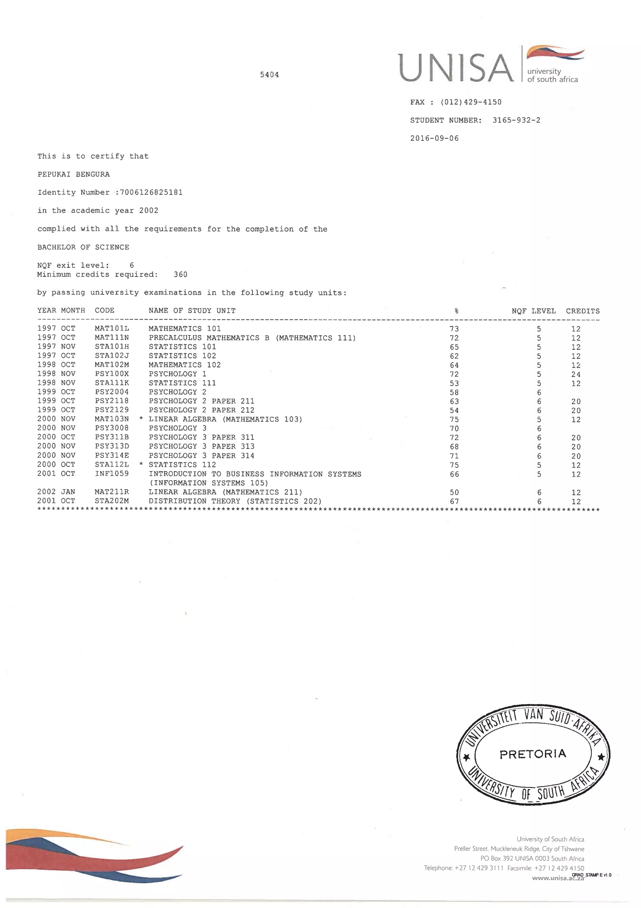 UNISA QUALIFICATIONS TRANSCRIPTS | PDF