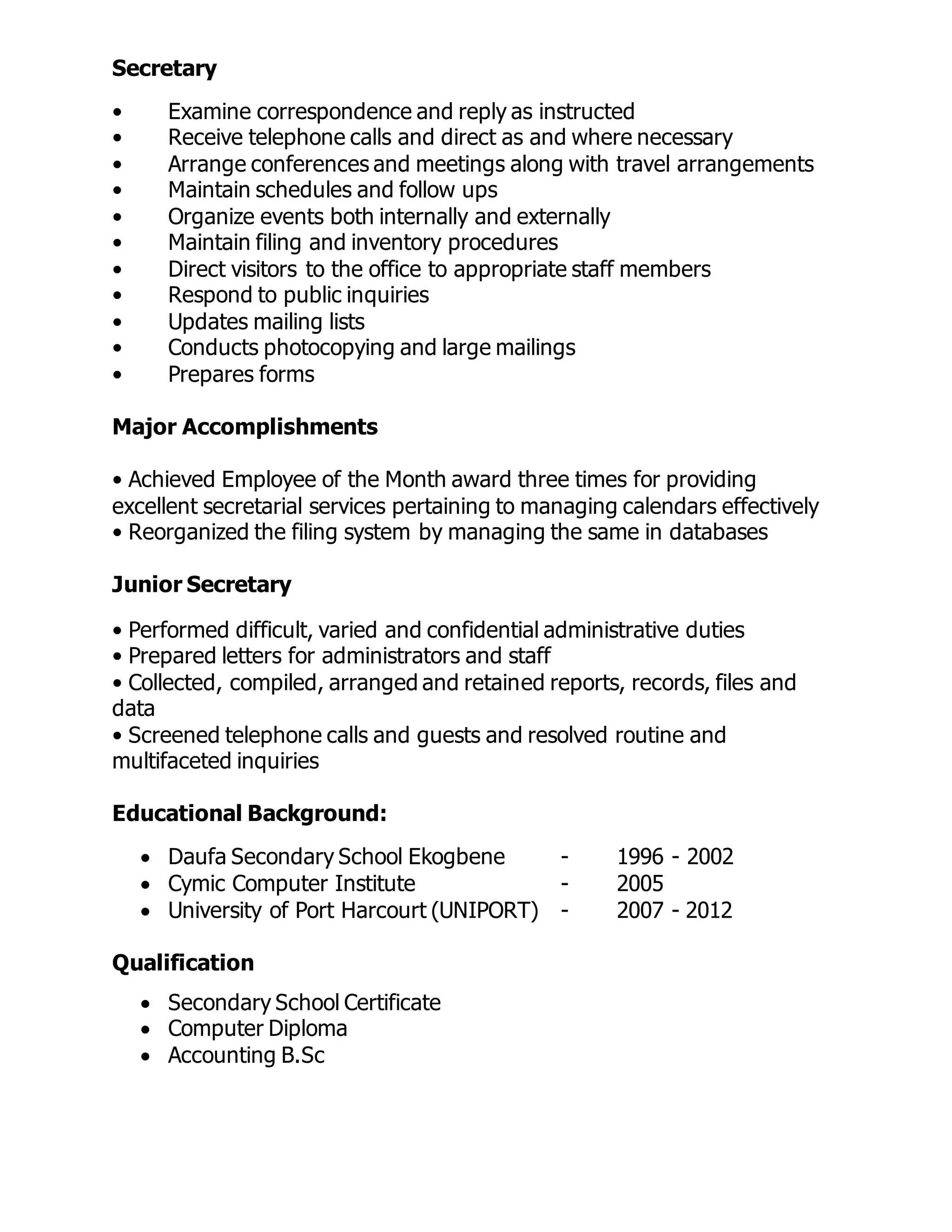 SECRETARY RESUME | DOCX