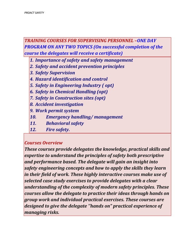 PROACT SAFETY SERVICES AND TRAINING COURSES | PDF