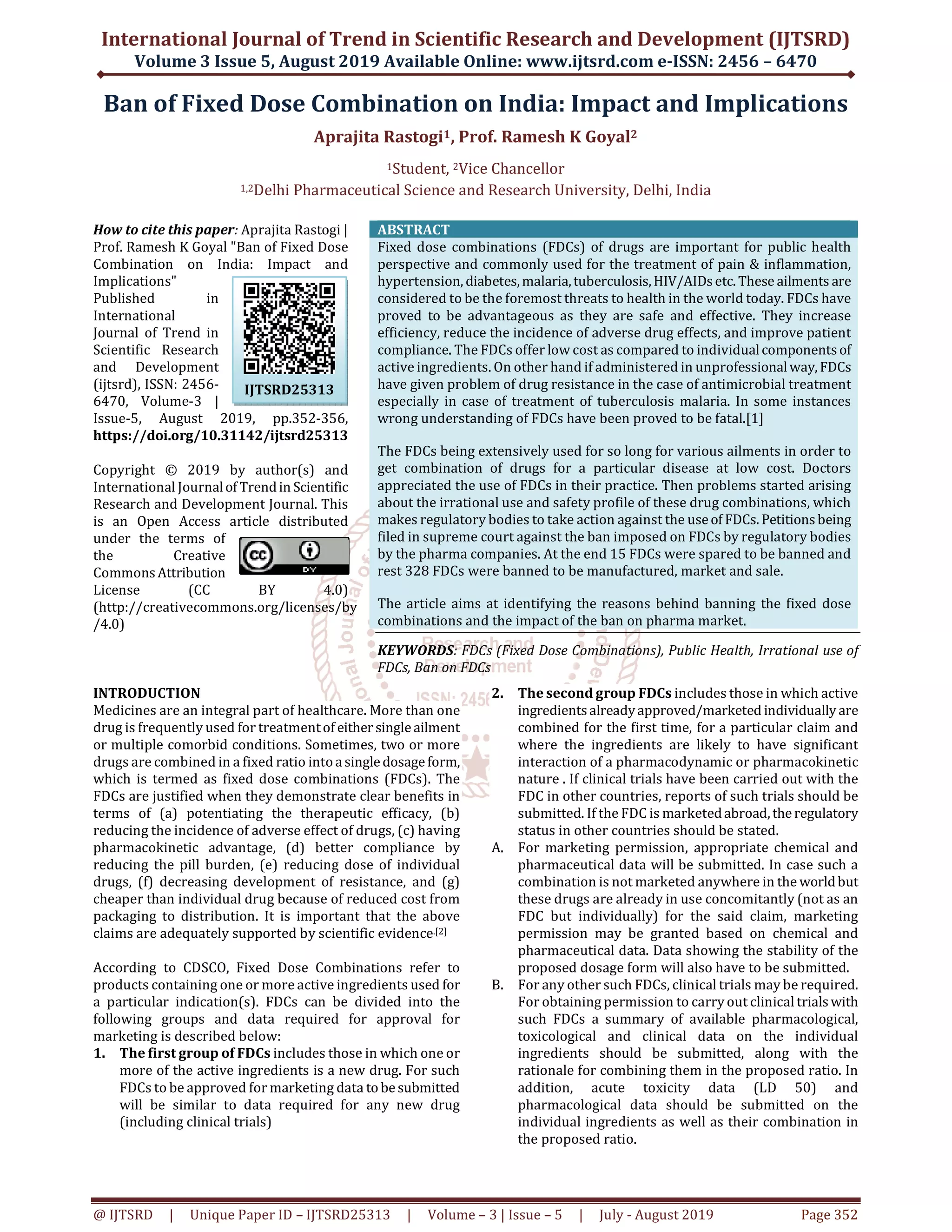 Ban of Fixed Dose Combination on India Impact and Implications | PDF