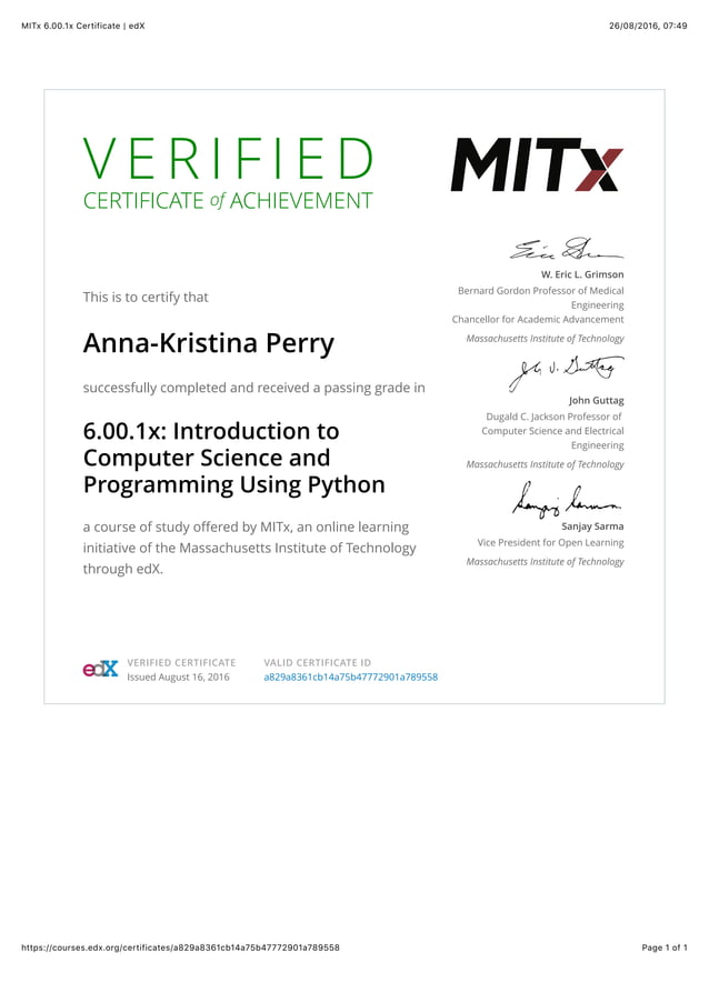 MITx 6.00.1x Certificate | edX | PDF