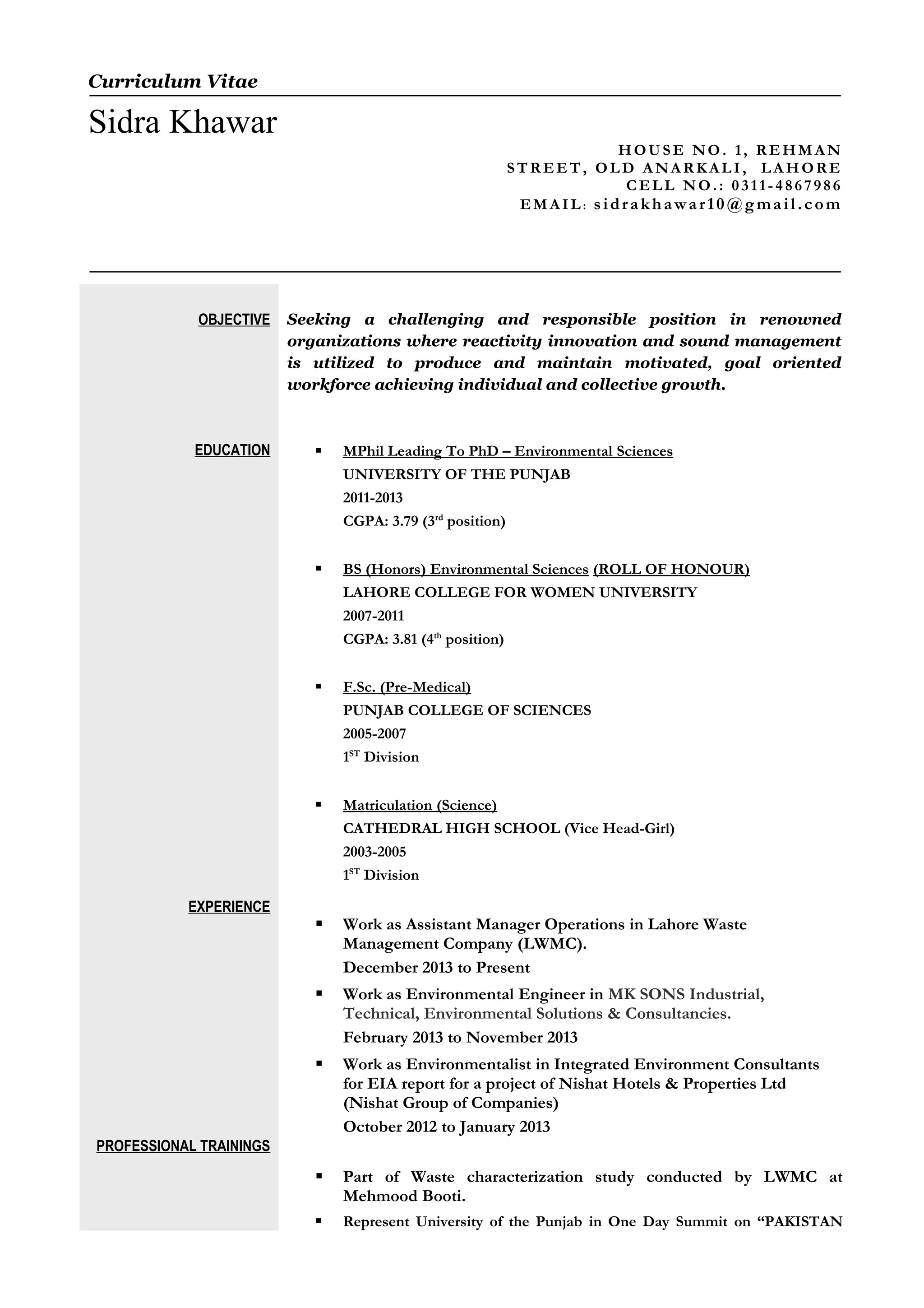 Resume of Sidra Khawar | DOC