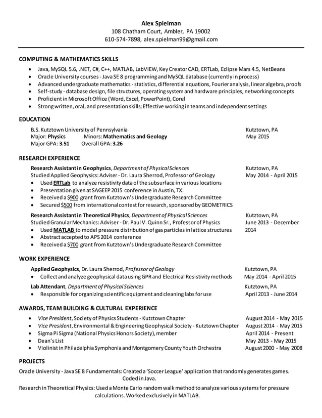 Alex Spielman - Resume | DOCX | Physics | Science