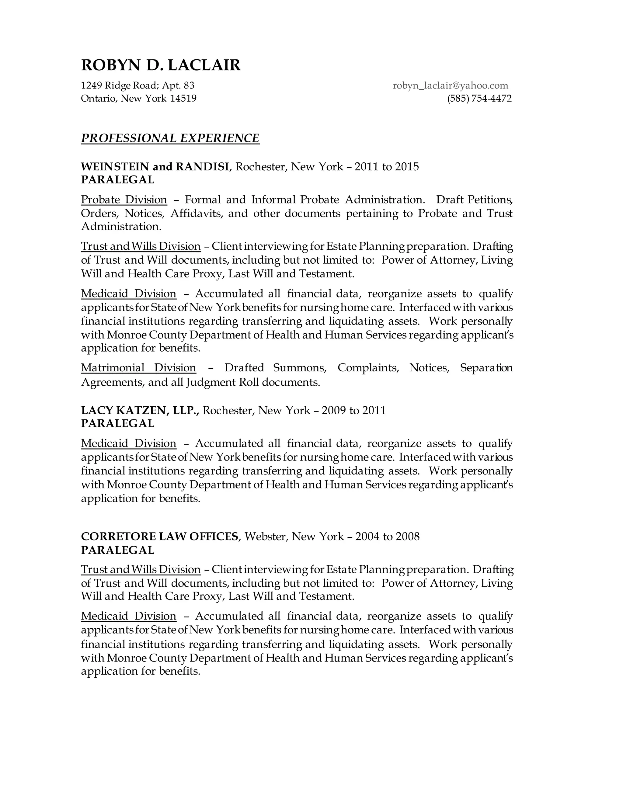 Robyn LaClair Resume October 2015 | DOCX