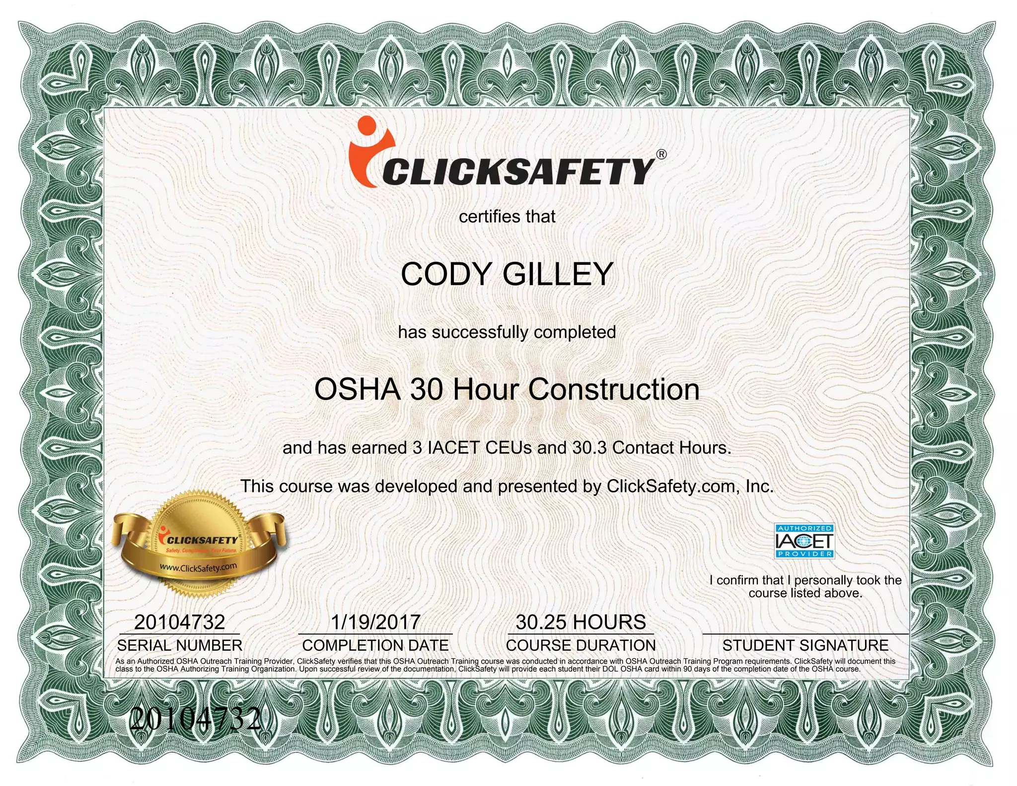 OSHA 30 Hour Construction Certificate | PDF
