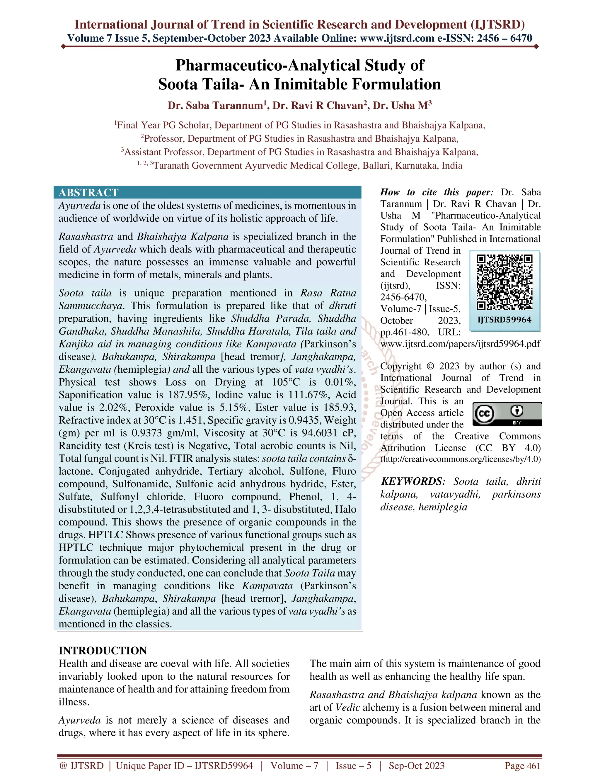 Pharmaceutico Analytical Study of Soota Taila An Inimitable Formulation ...