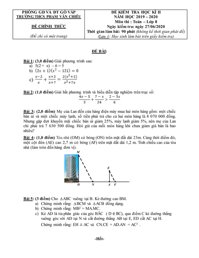 Đề Thi HK2 Toán 8 - THCS Phạm Văn Chiêu | DOC