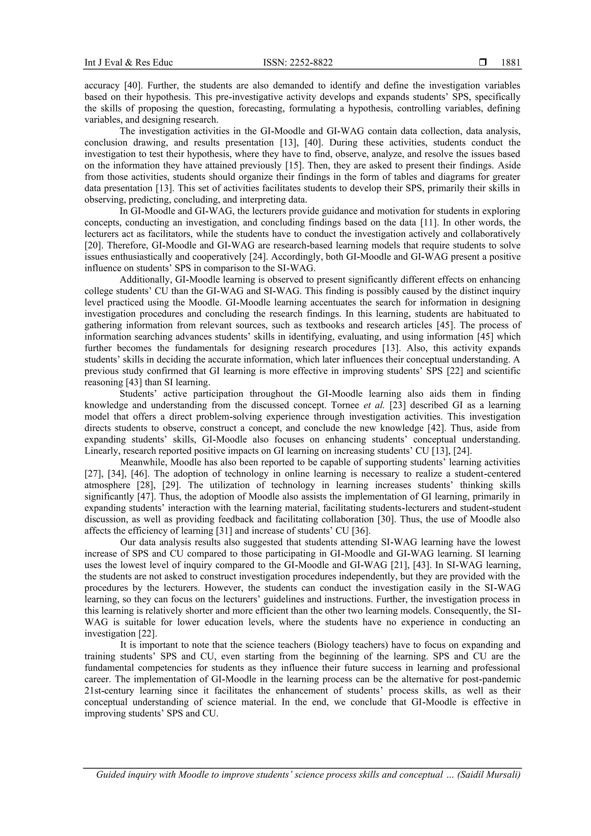 Guided inquiry with Moodle to improve students’ science process skills and conceptual ...