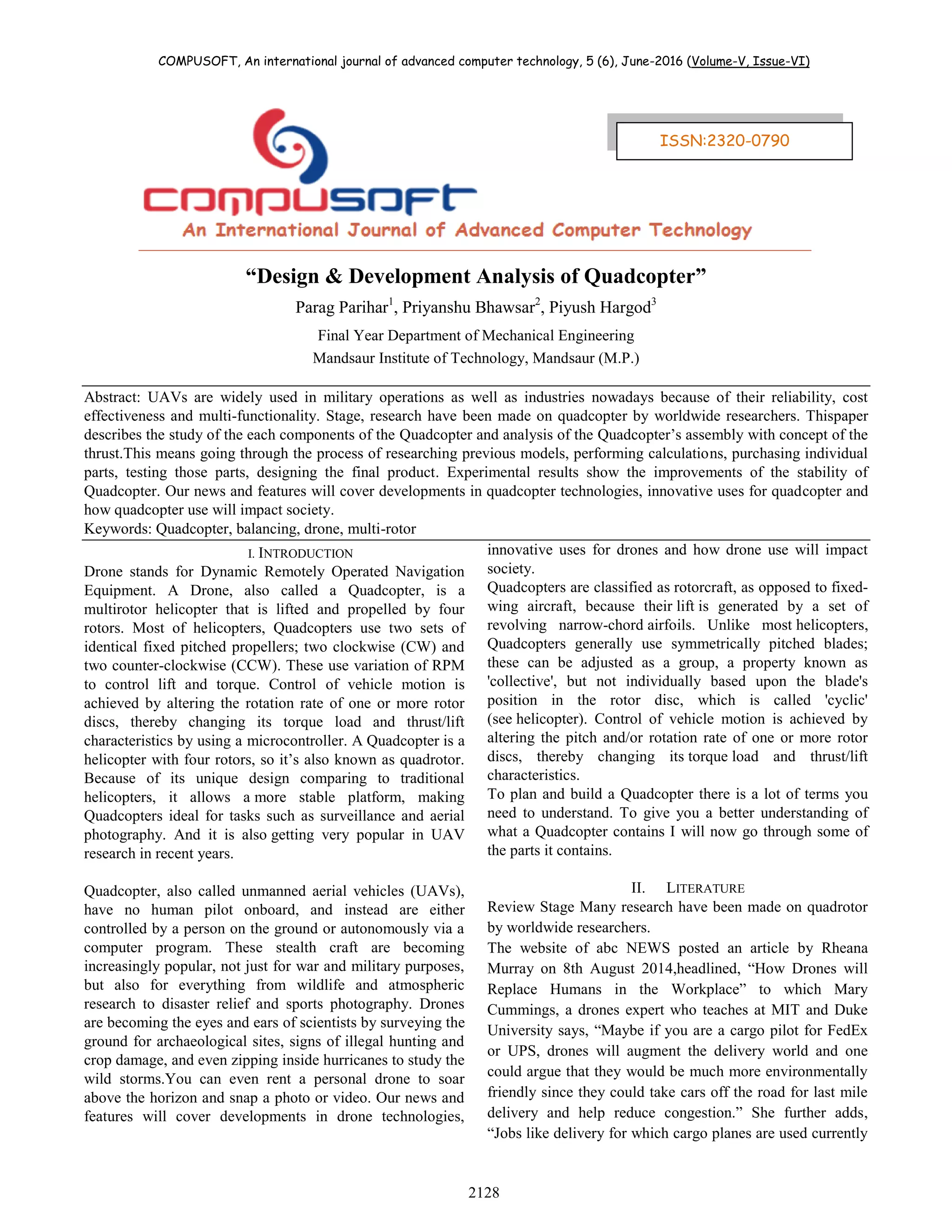 Design,Fabrication & Analysis of a Quardcopter___Research Paper | PDF