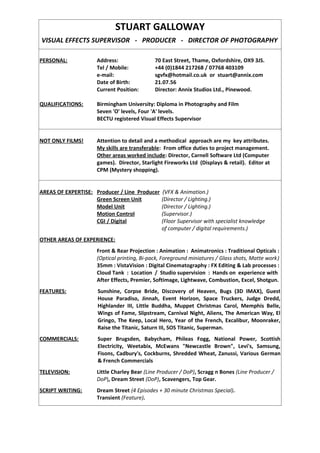 Stuart Galloway CV 2014 02G2 | PDF | Video Production | Content Production