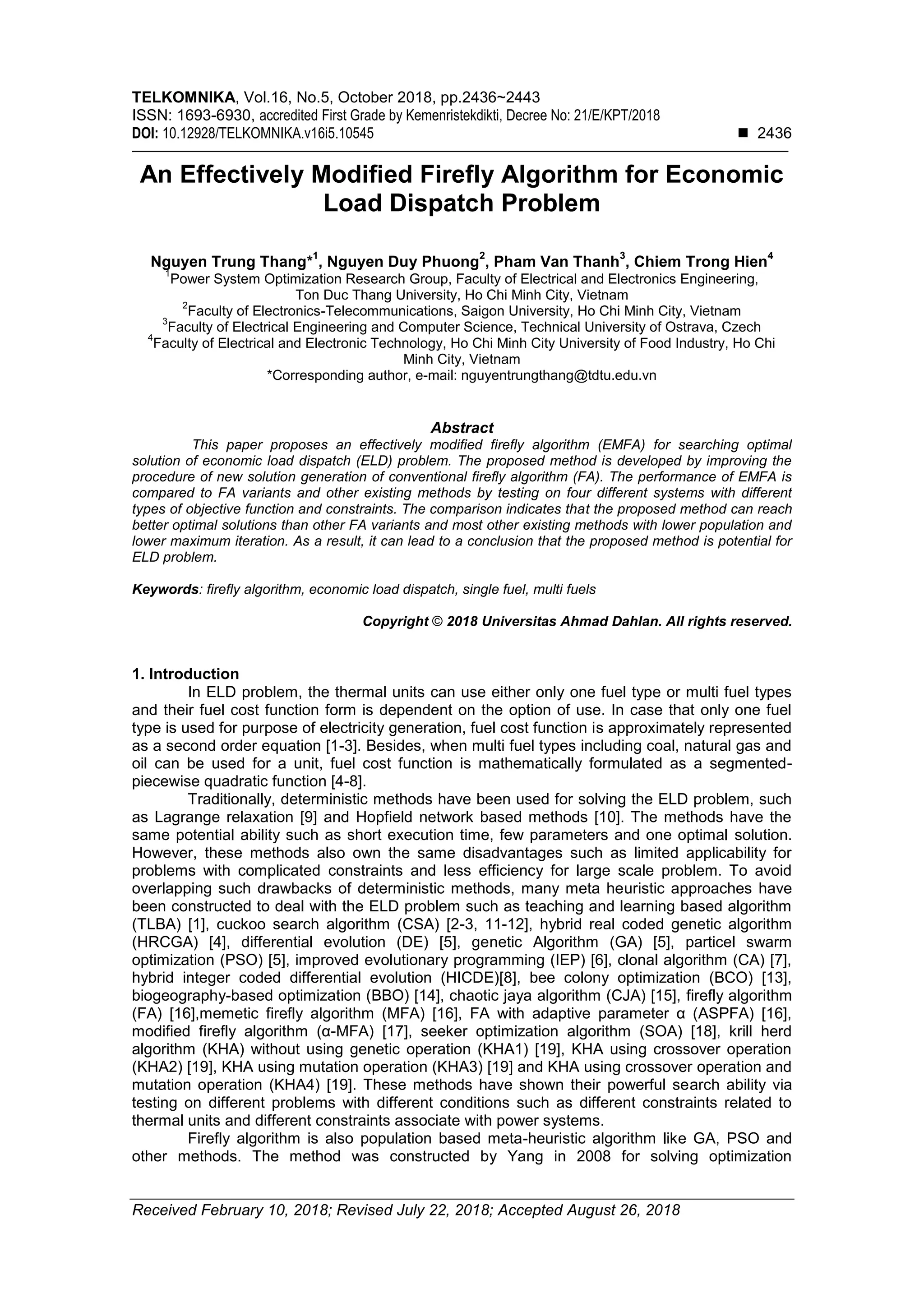 An Effectively Modified Firefly Algorithm for Economic Load Dispatch Problem | PDF