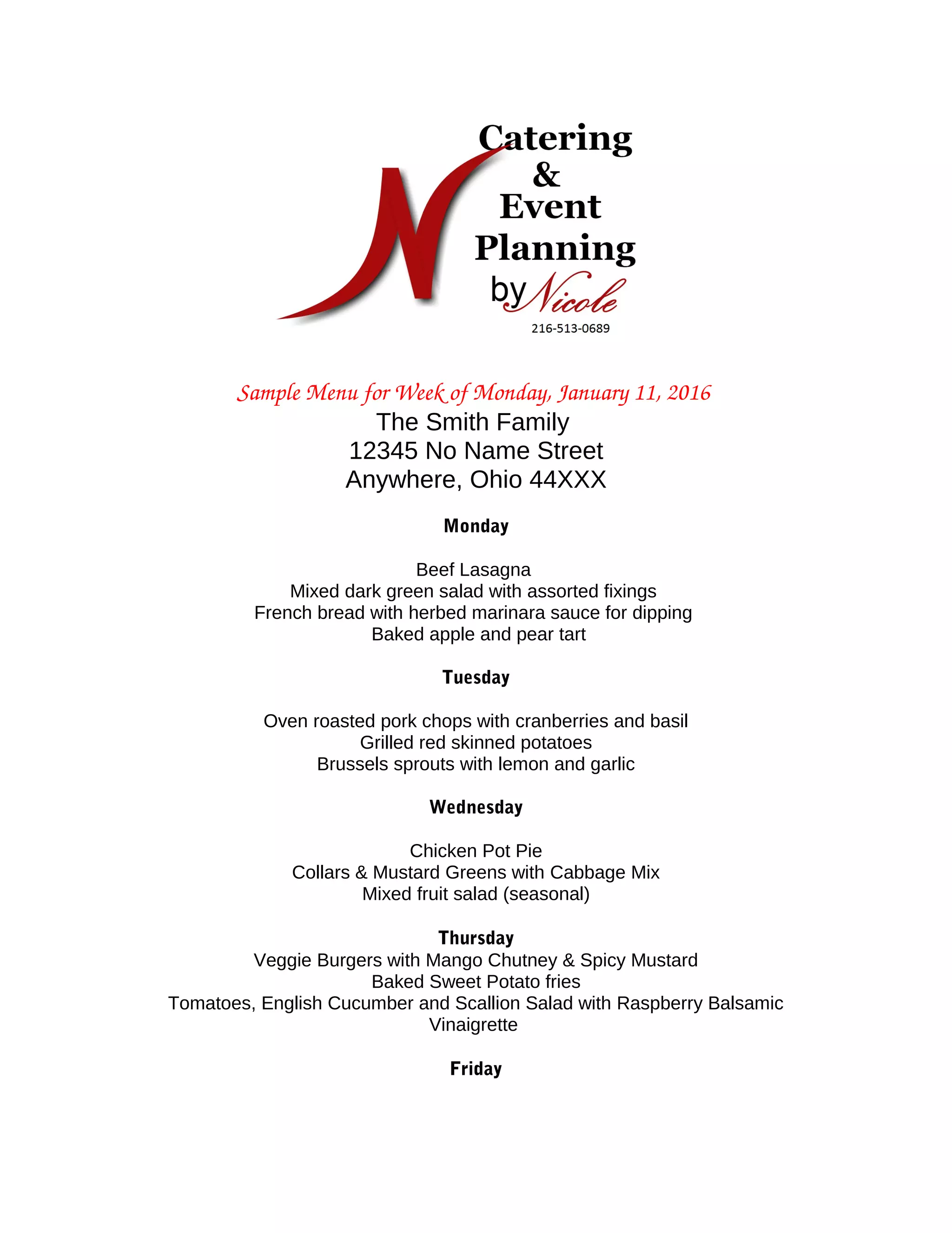 Sample Menu for Week of | DOC