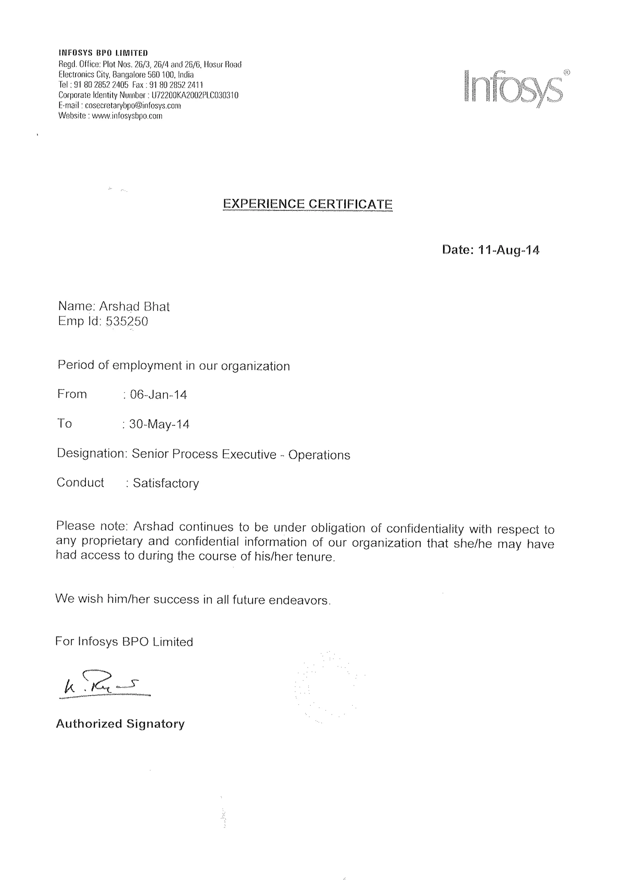 Experience certificate INFOSYS | PDF