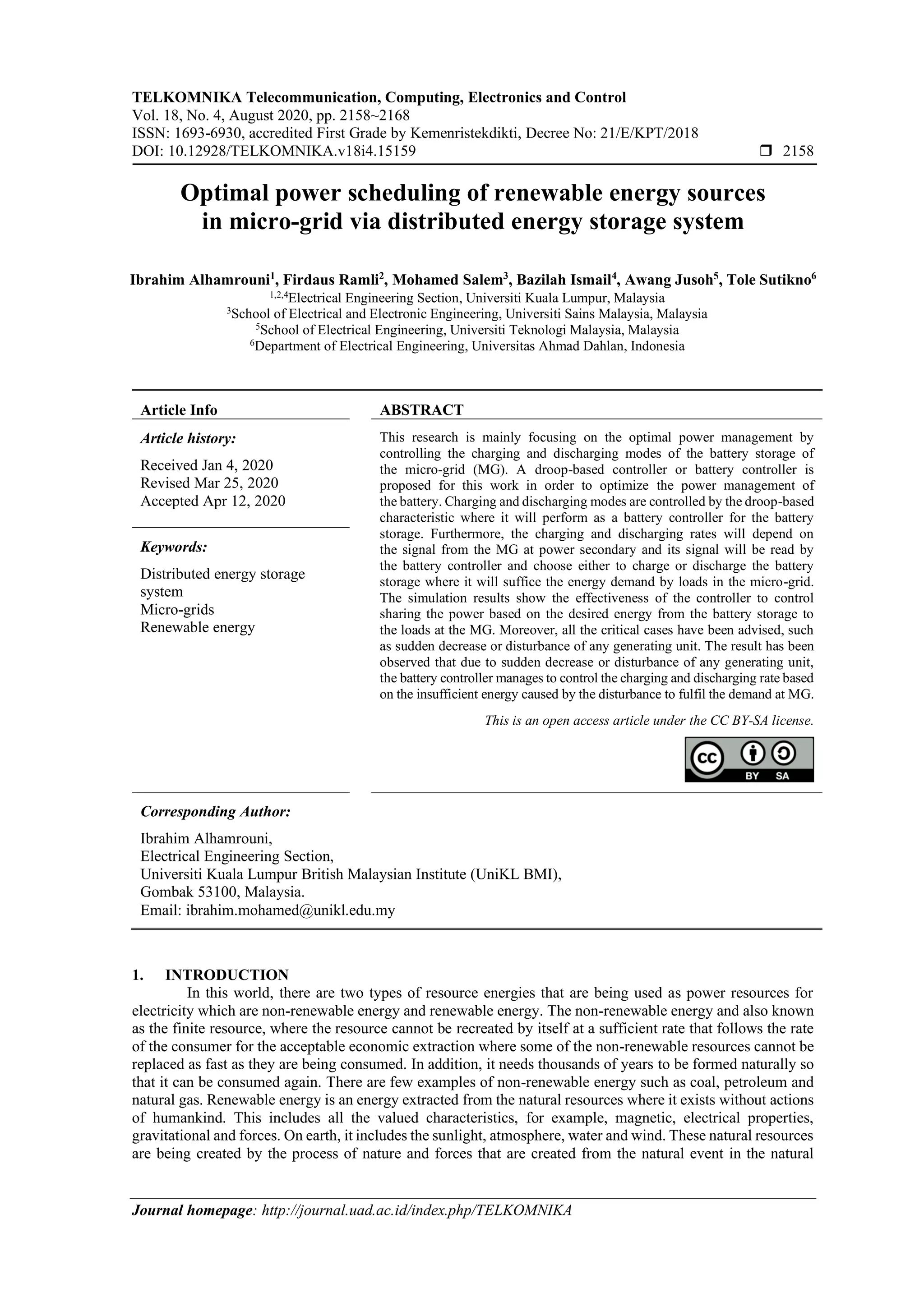 Optimal Power Scheduling Of Renewable Energy Sources In Micro Grid Via Distributed Energy