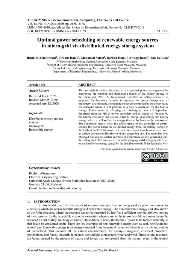 Optimal power scheduling of renewable energy sources in micro-grid via distributed energy ...