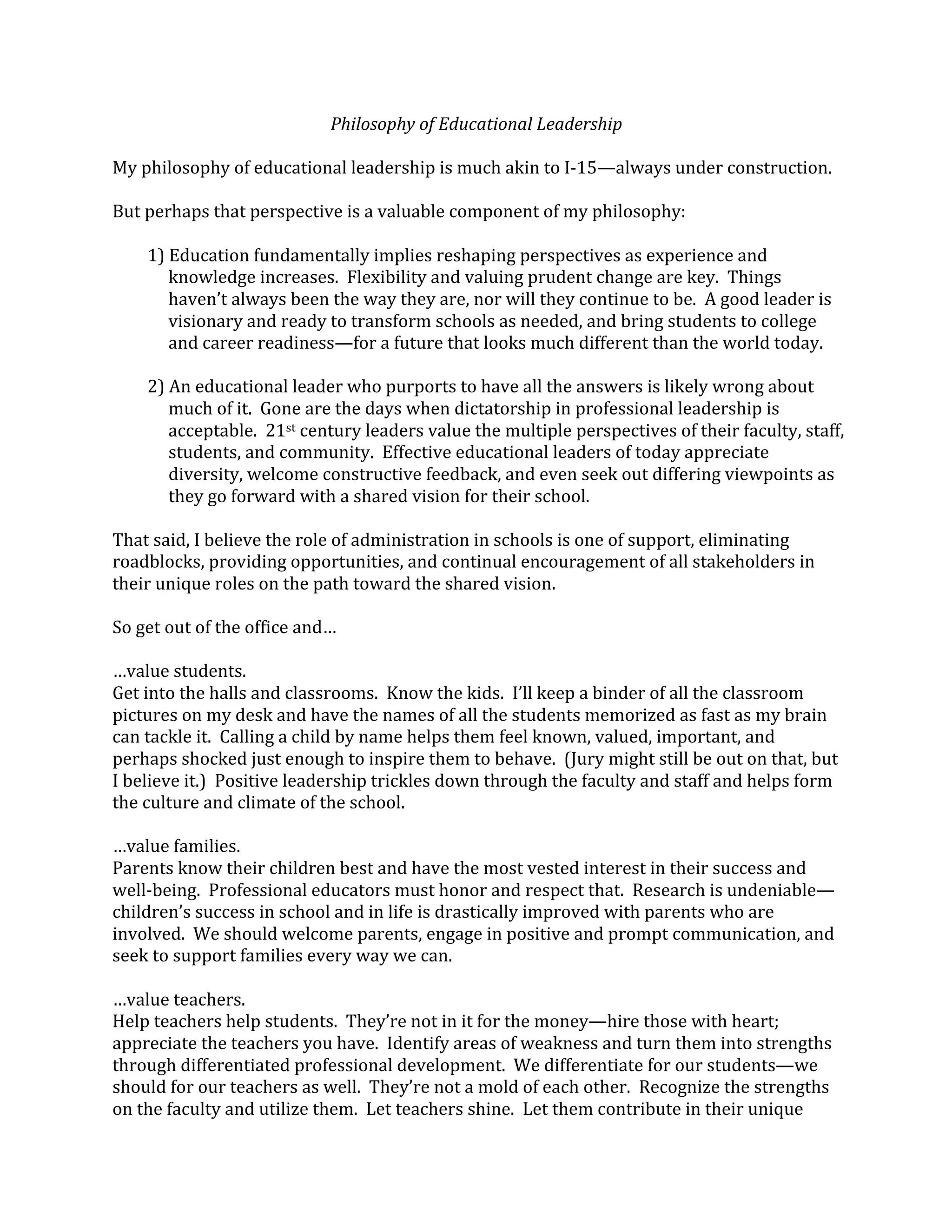 Educational Leadership Philosophy | PDF | Professional School ...