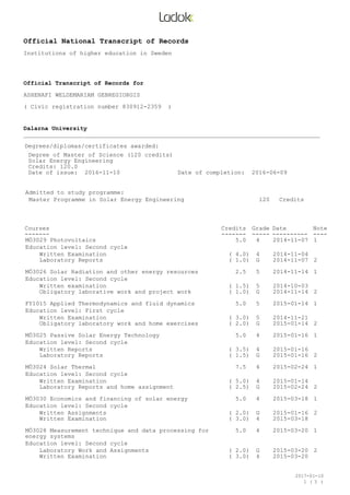 Official National Transcript of Dalarna University MSc degree | PDF