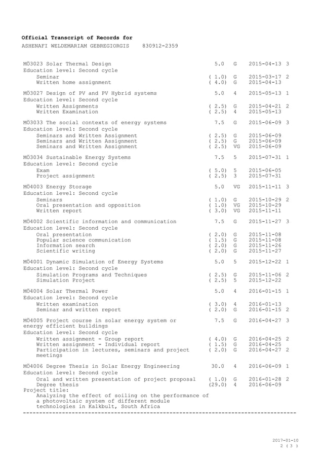 Official National Transcript of Dalarna University MSc degree | PDF