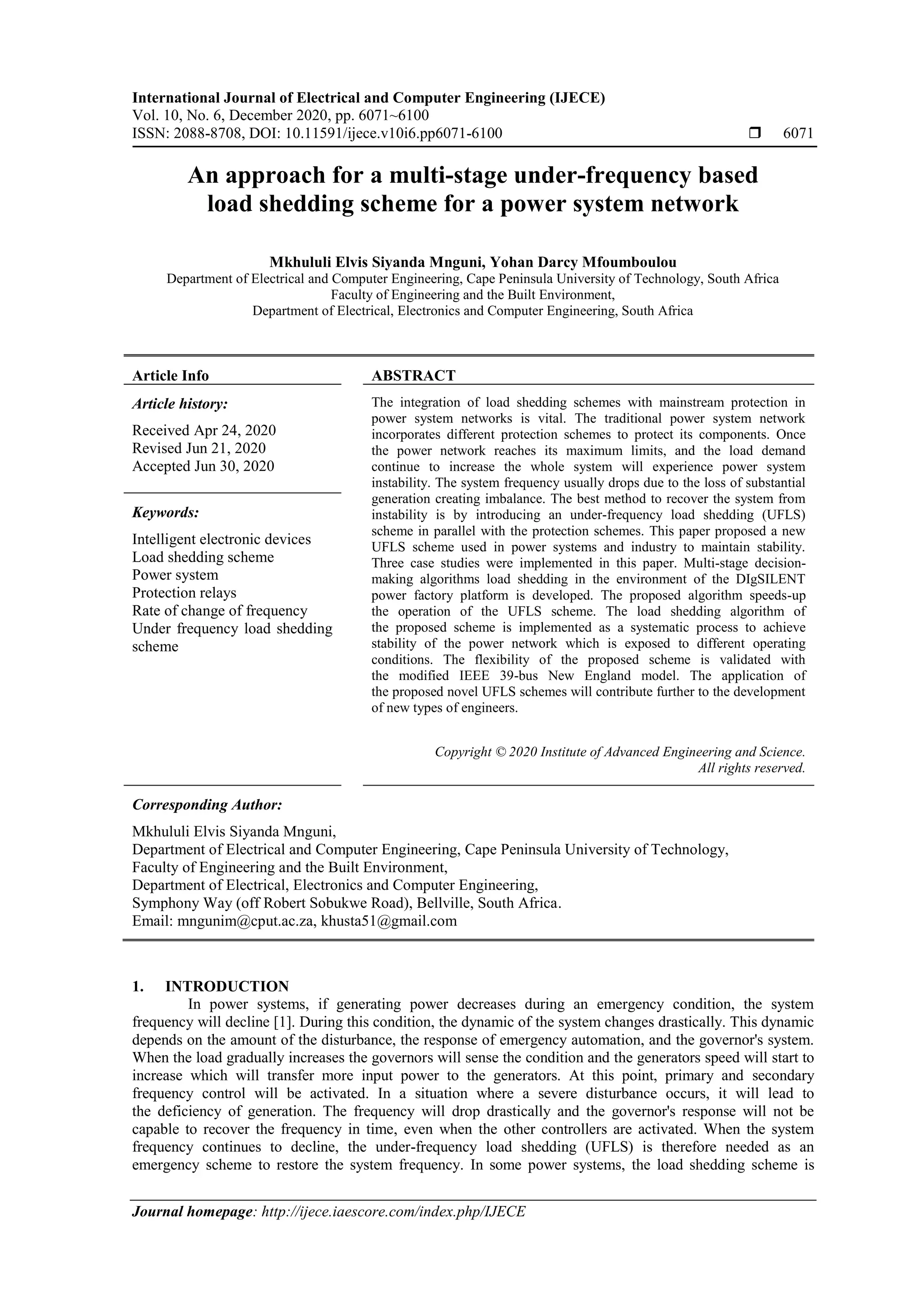 An approach for a multi-stage under-frequency based load shedding ...