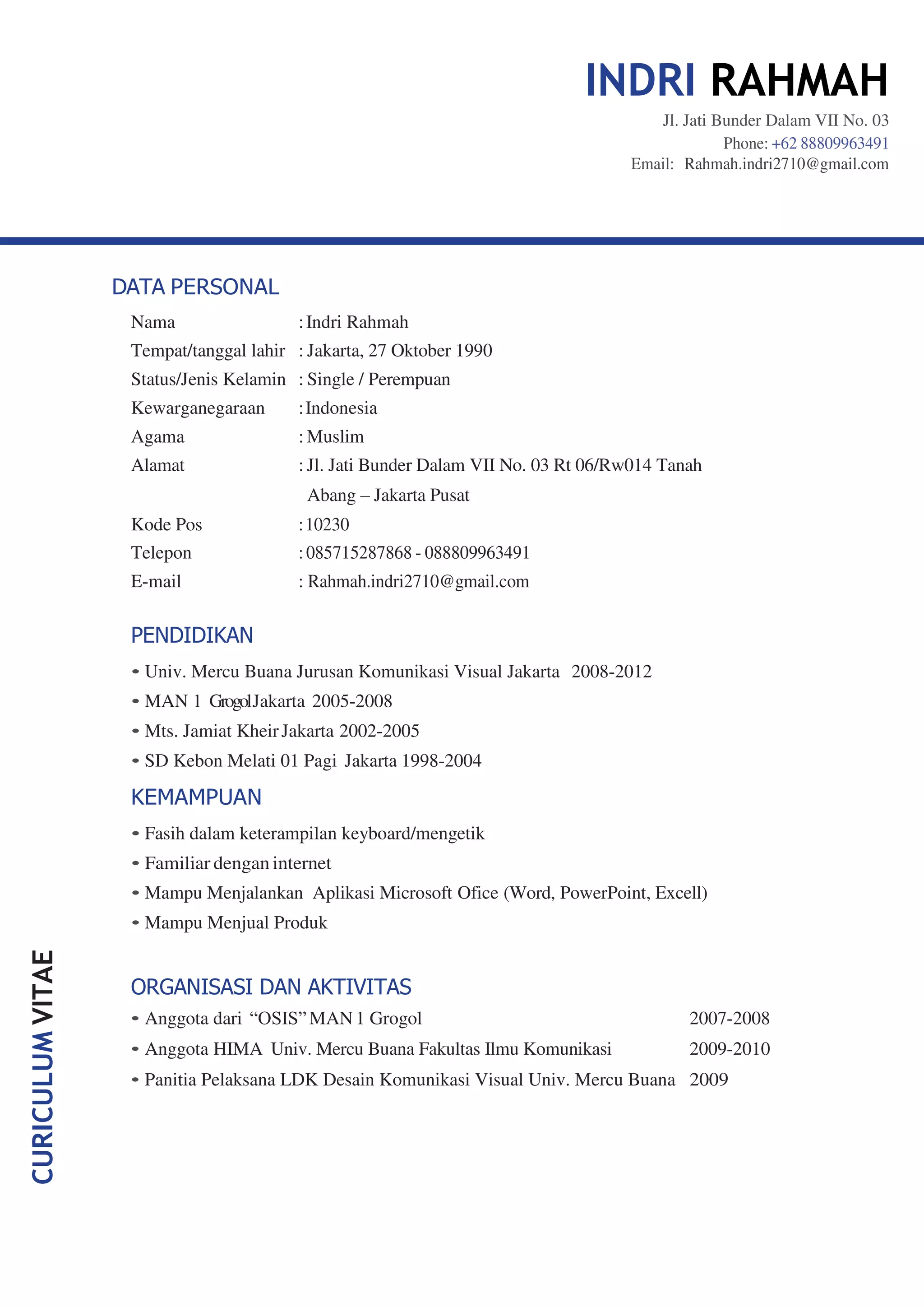 CV Indri Rahmah | PDF