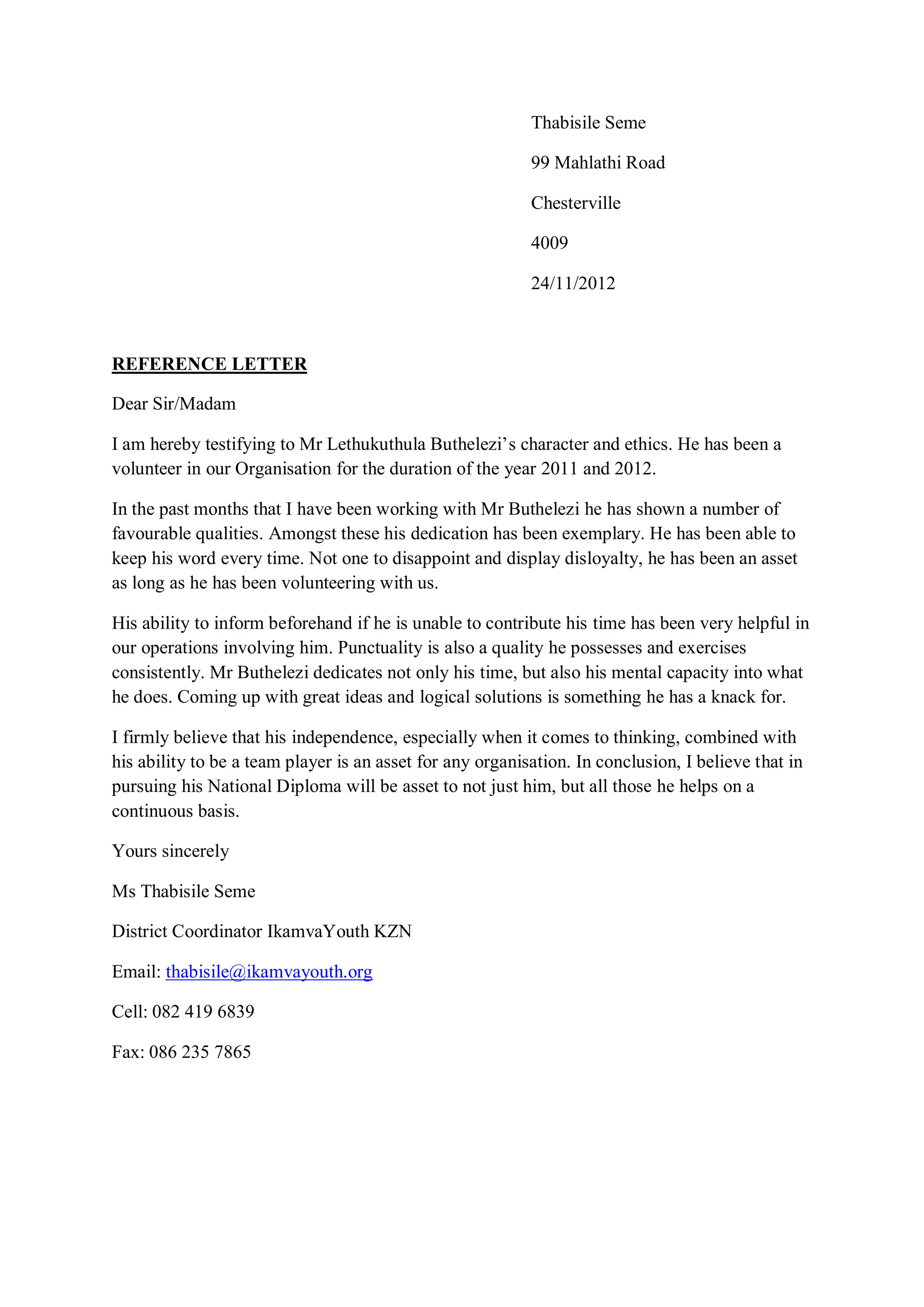 Reference letter Lethukuthula | PDF