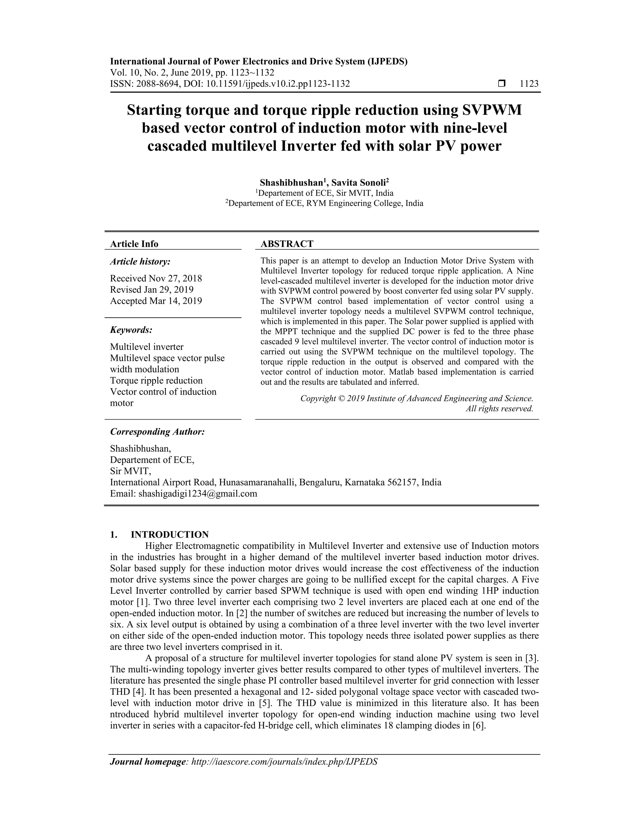 Starting Torque And Torque Ripple Reduction Using Svpwm Based Vector