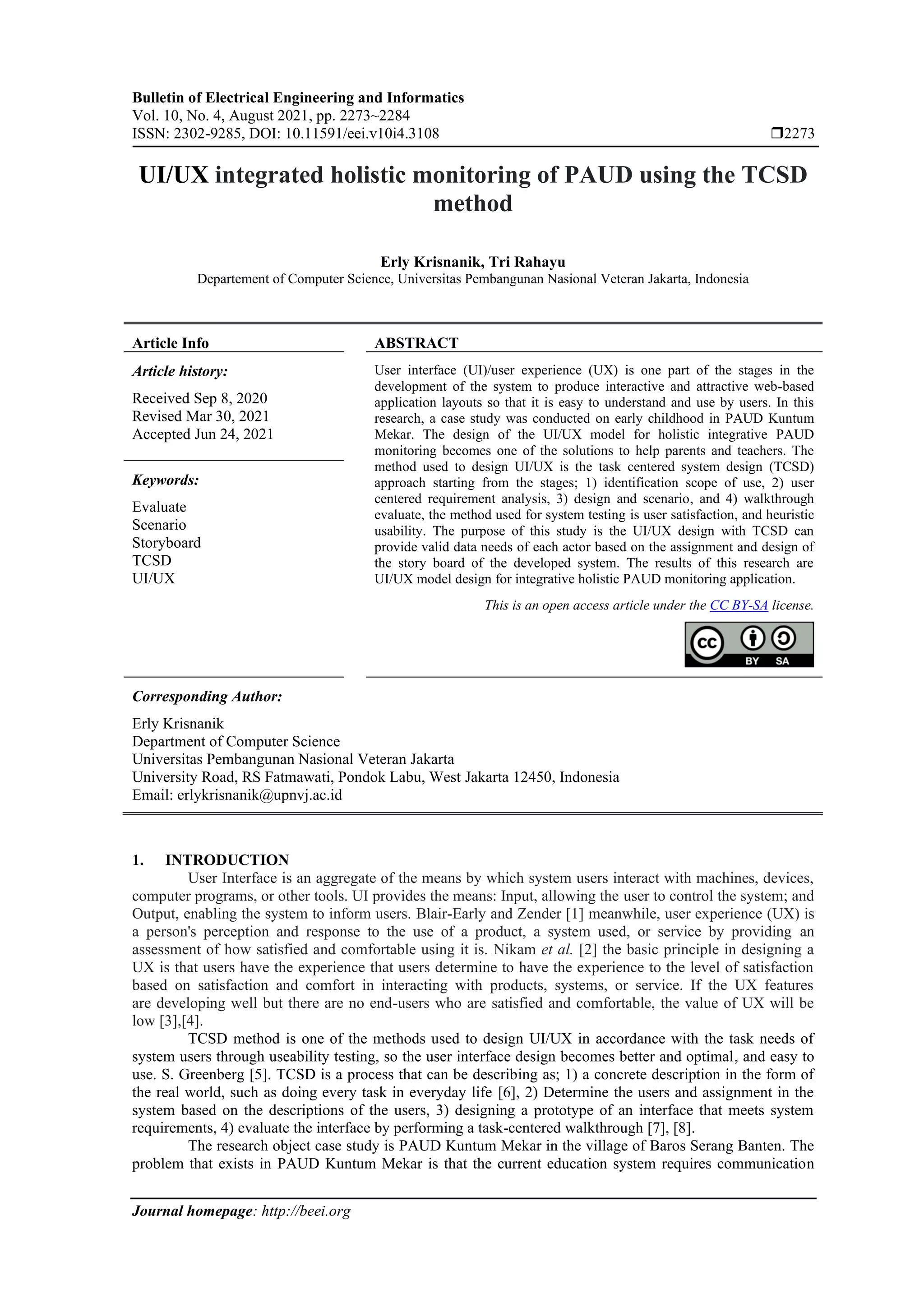 UI/UX integrated holistic monitoring of PAUD using the TCSD method | PDF