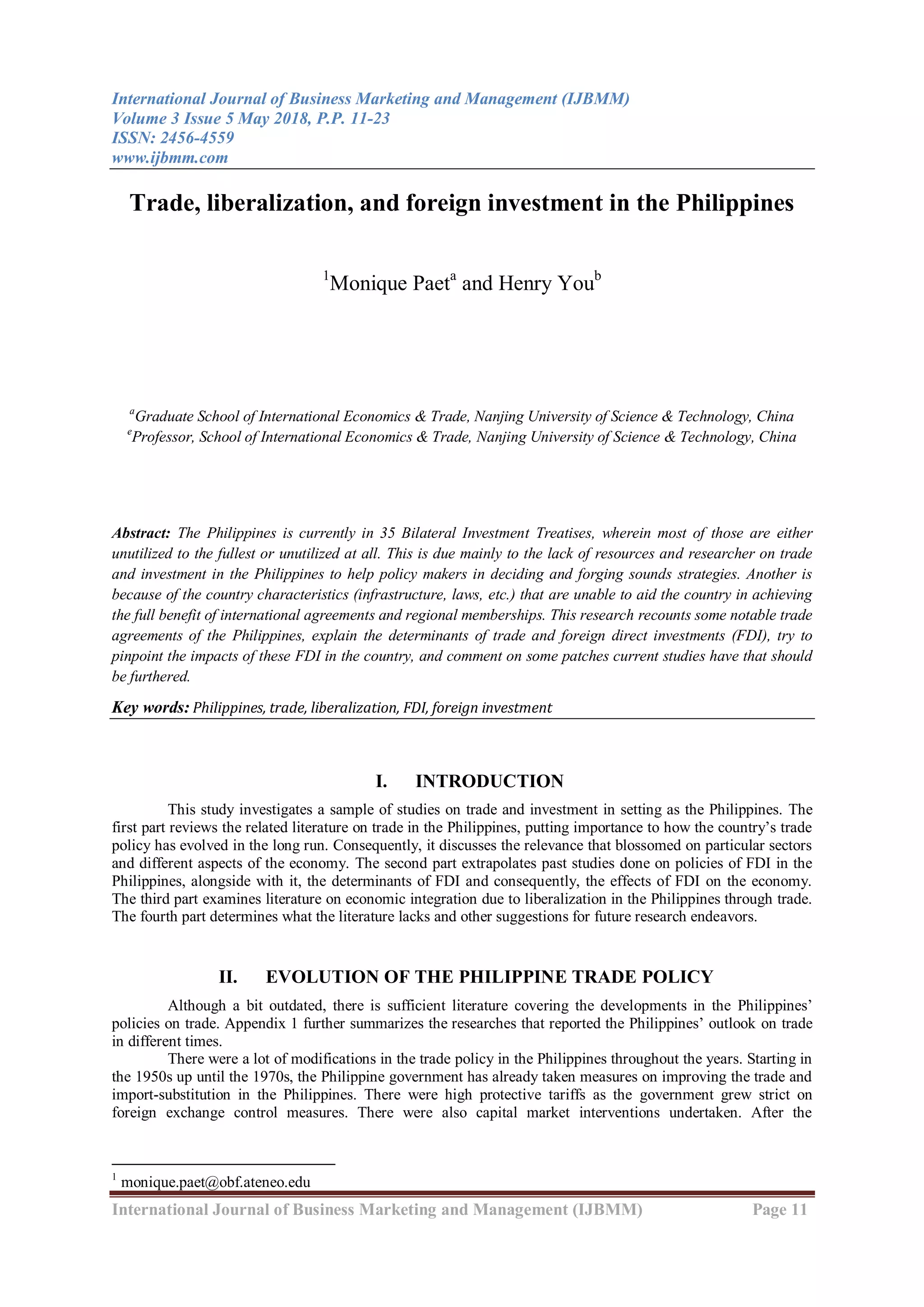 Trade, liberalization, and foreign investment in the Philippines | PDF