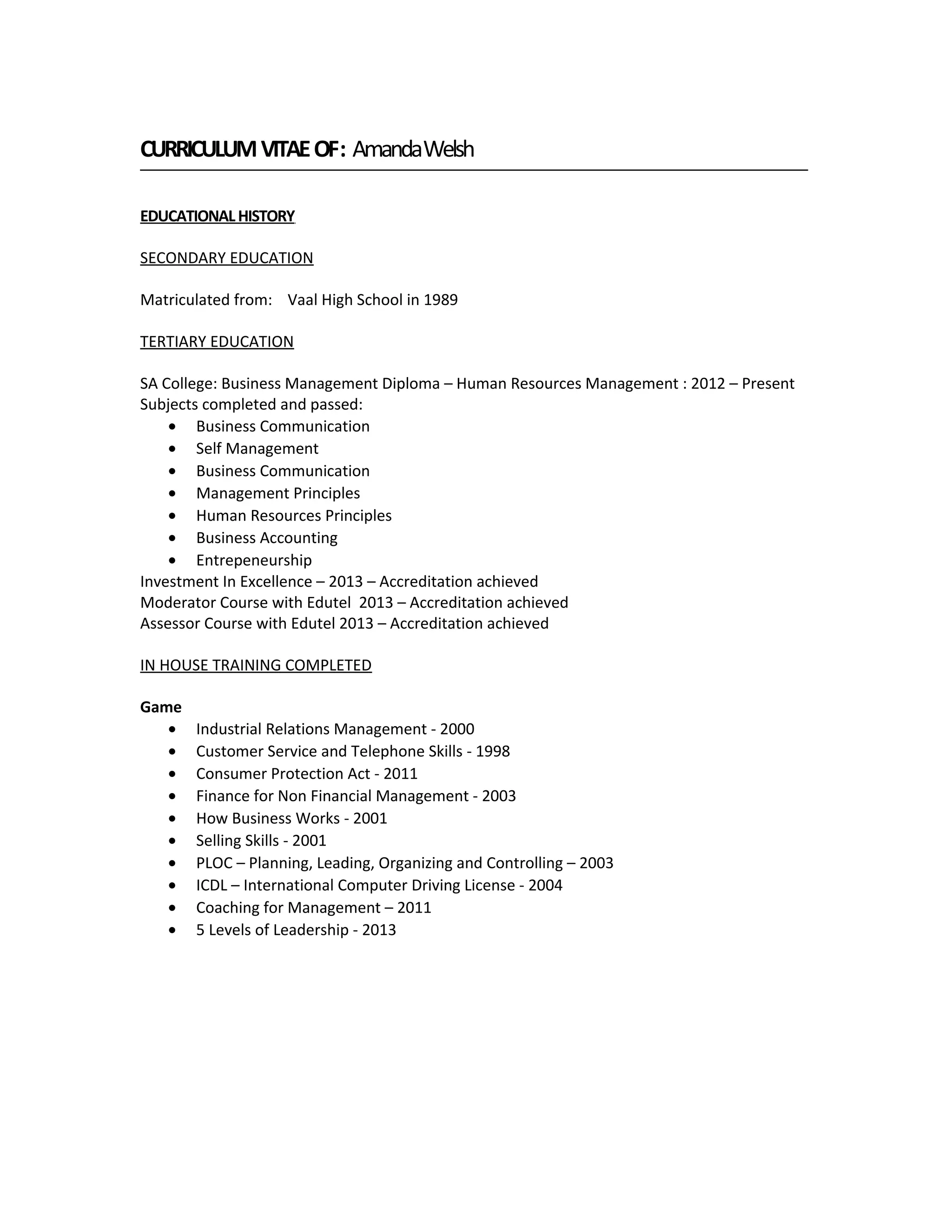 Curriculum Vitae_Amanda Welsh | PDF