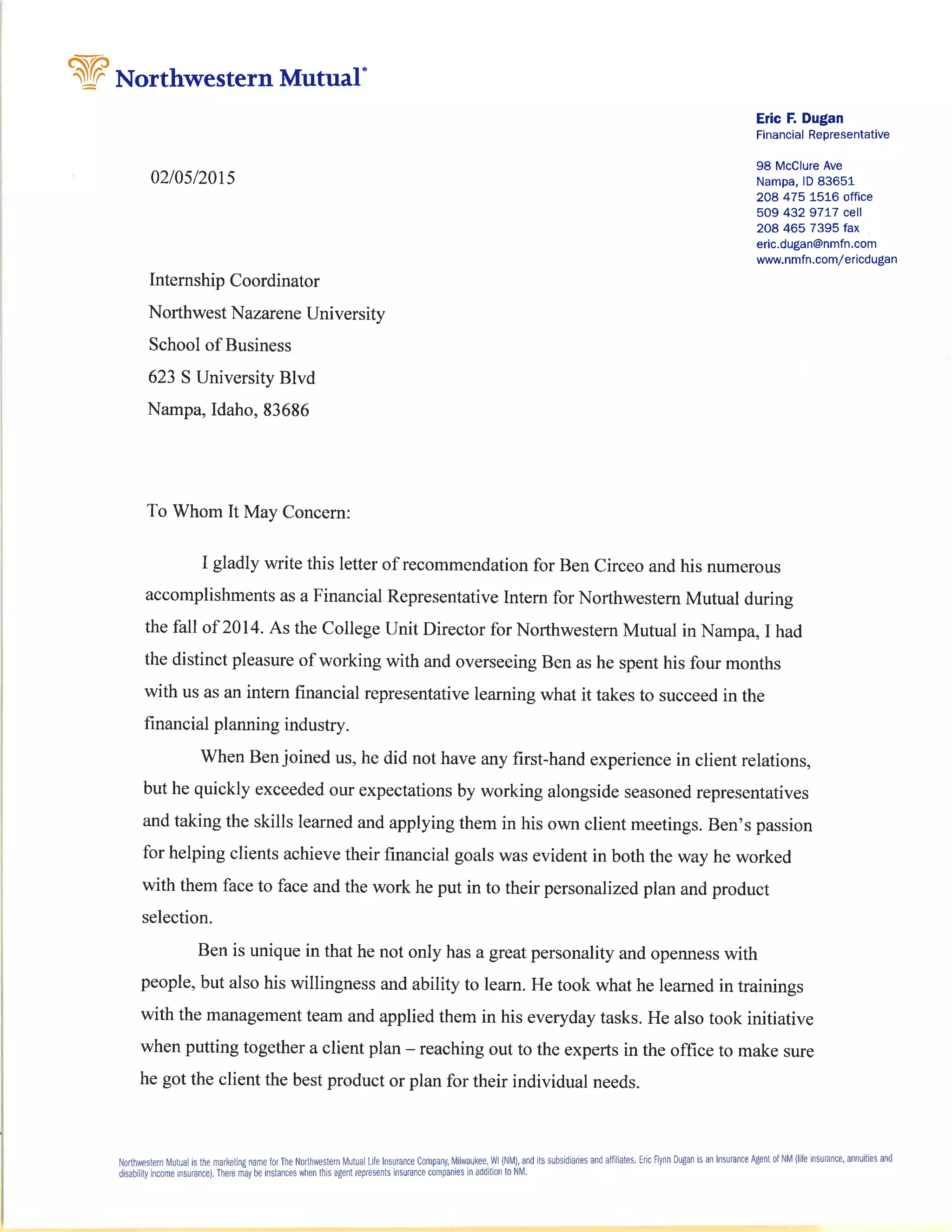 Northwestern Mutual-Letter of Recommendation | PDF