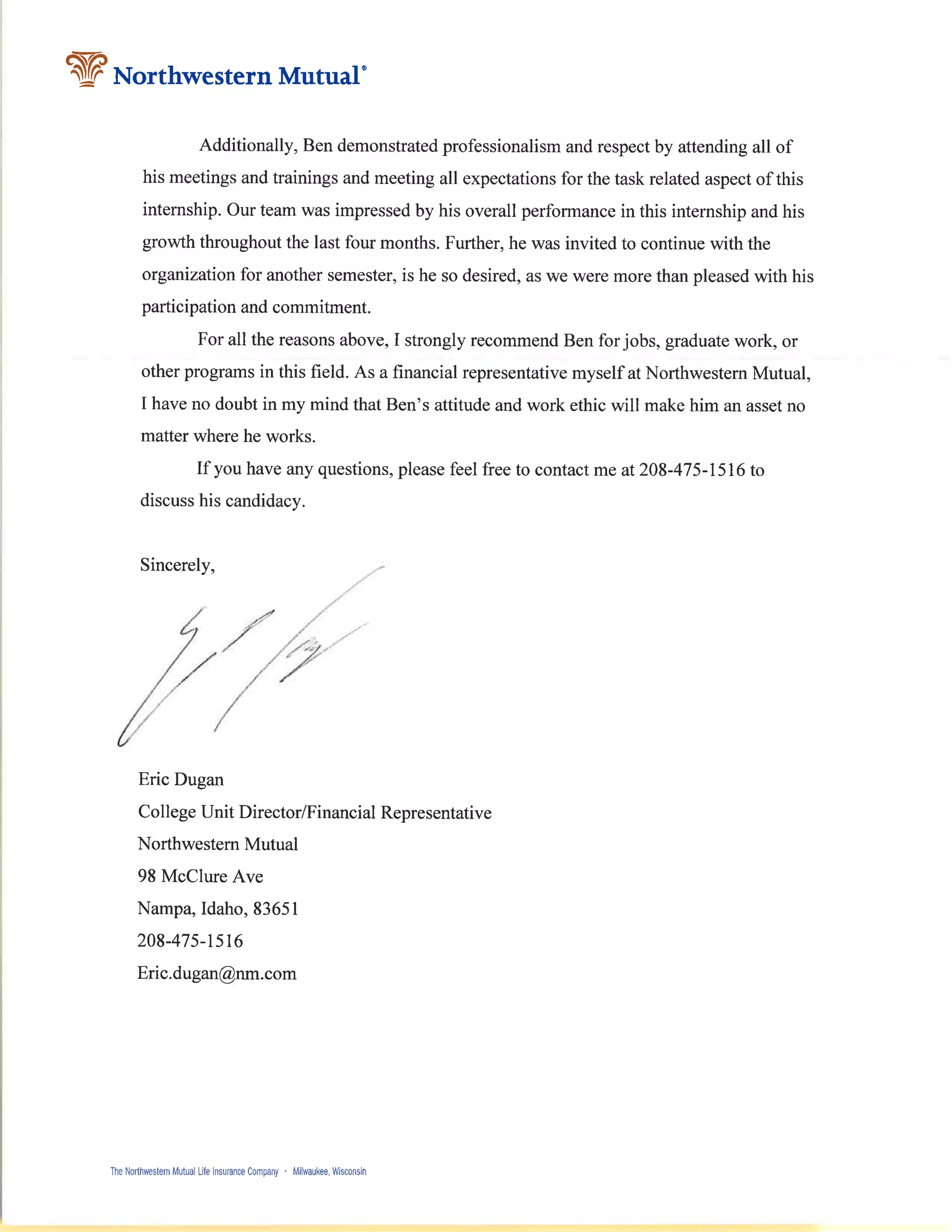 Northwestern Mutual-Letter of Recommendation | PDF