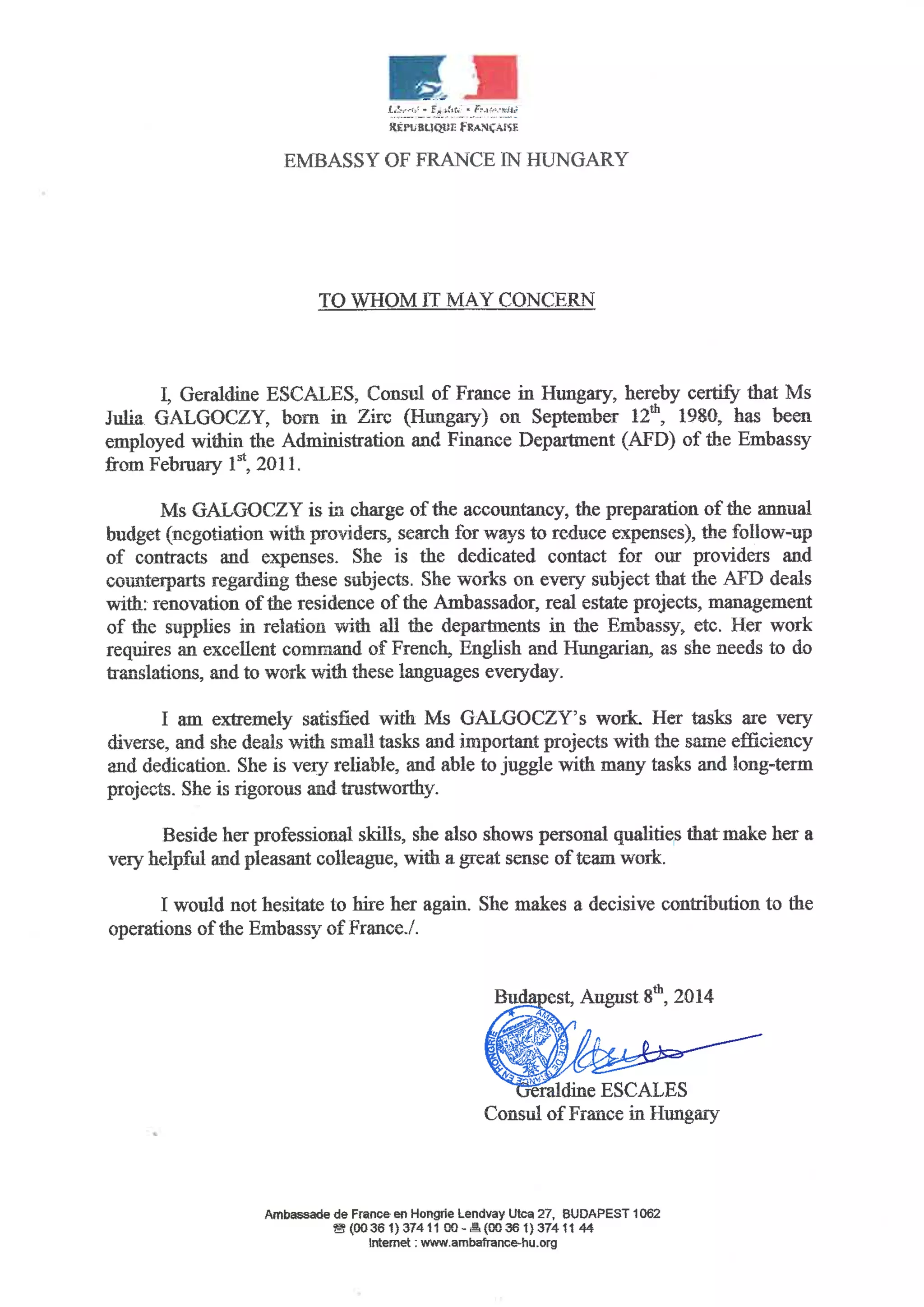Reference letter_French Embassy in Hungary 1 (1) | PDF