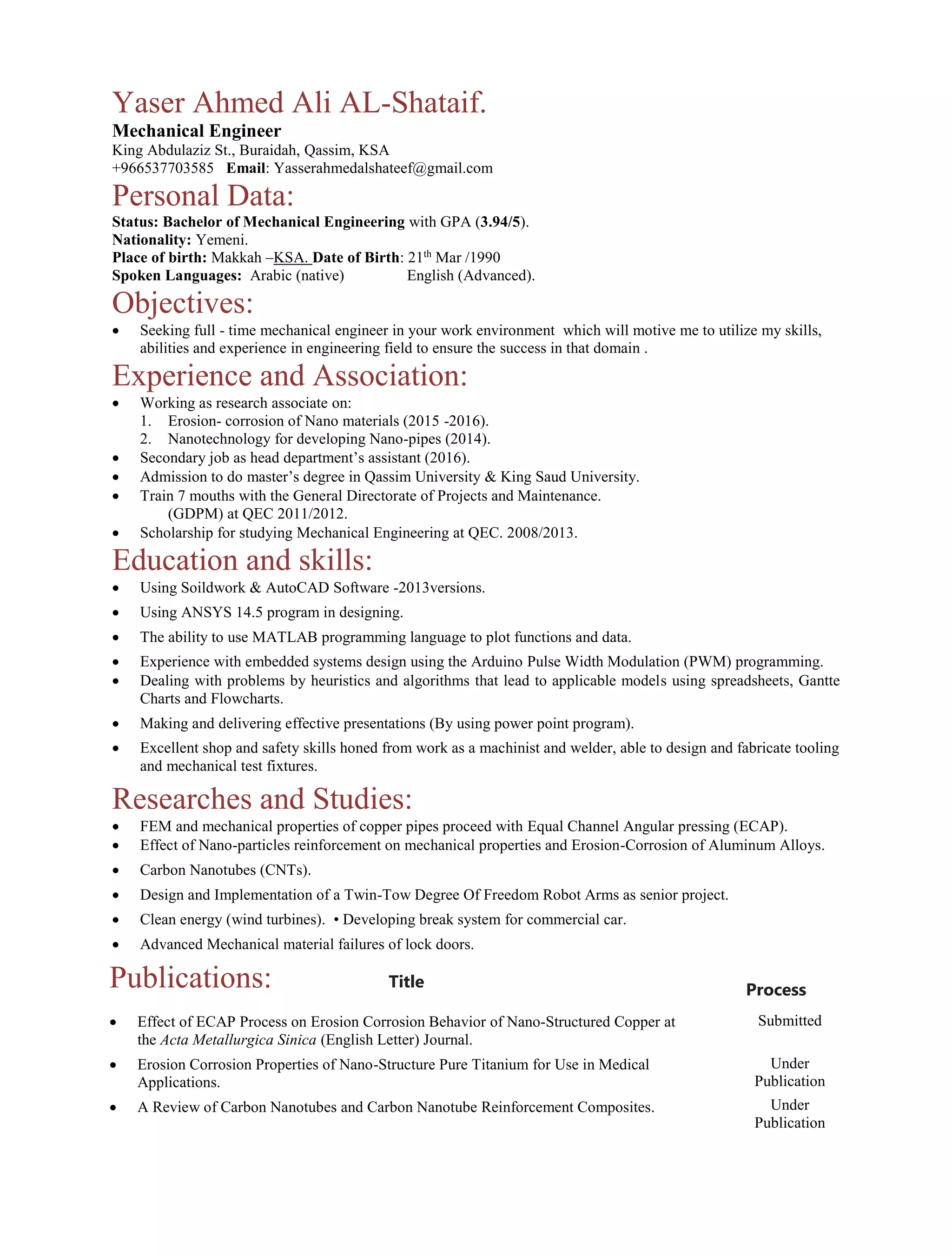 CV Yasser Ahmed Al-Shutaif | PDF