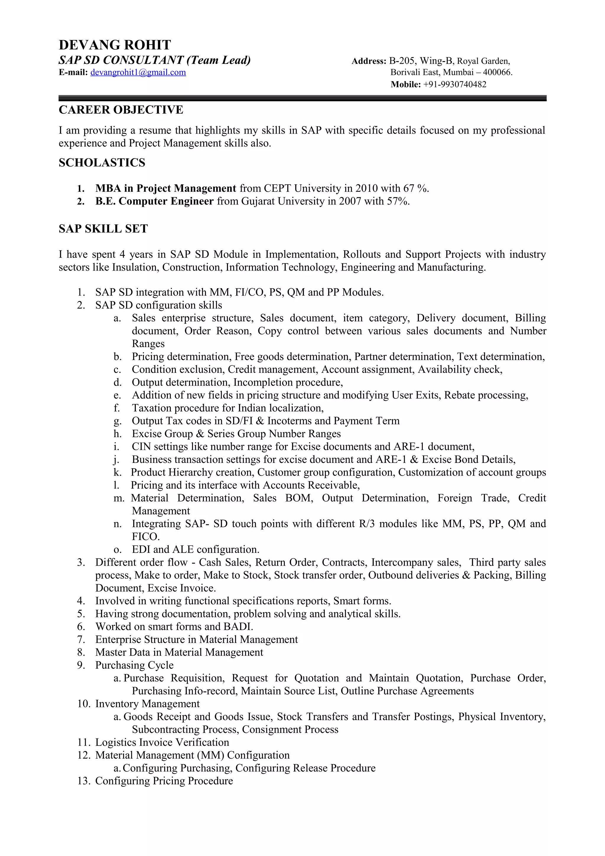 Resume Devang Rohit SAP SD Consultant | PDF