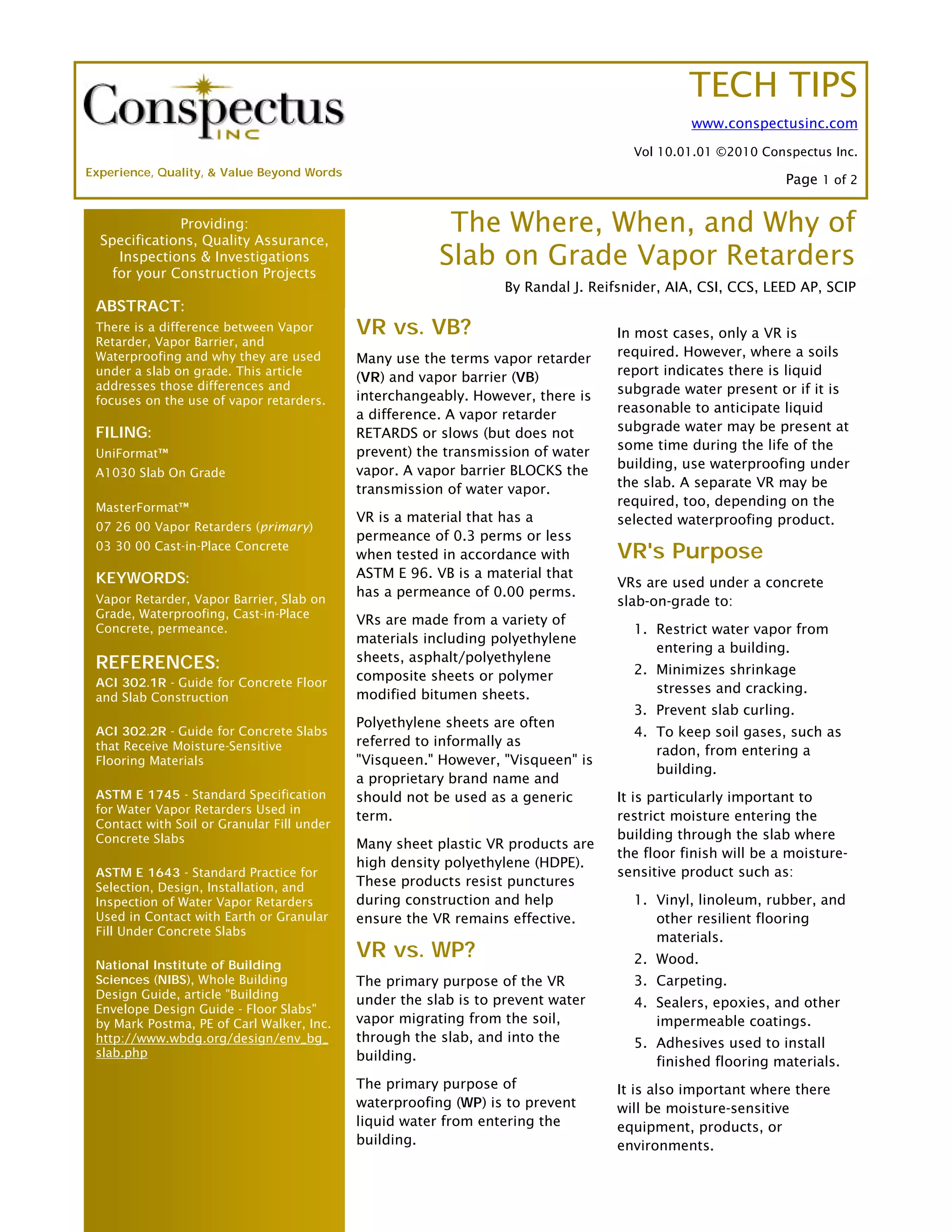 TECH TIPS Slab on Grade Vapor Retarders | PDF