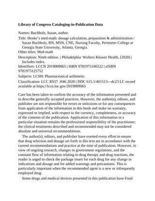 Henkes Medmath Dosage Calculation Preparation Administration 9th ...