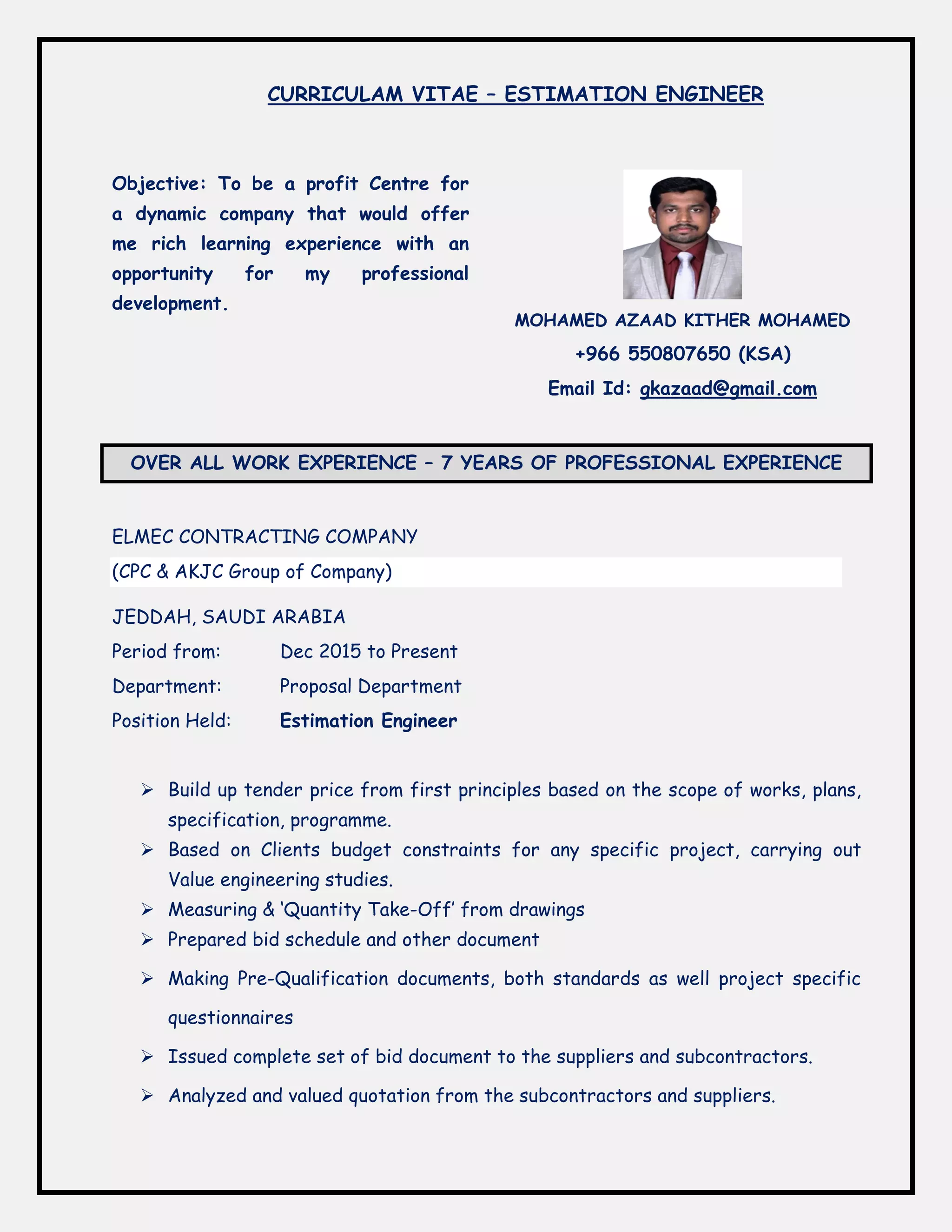 Mohamed Azaad - Estimation Engineer CV | PDF