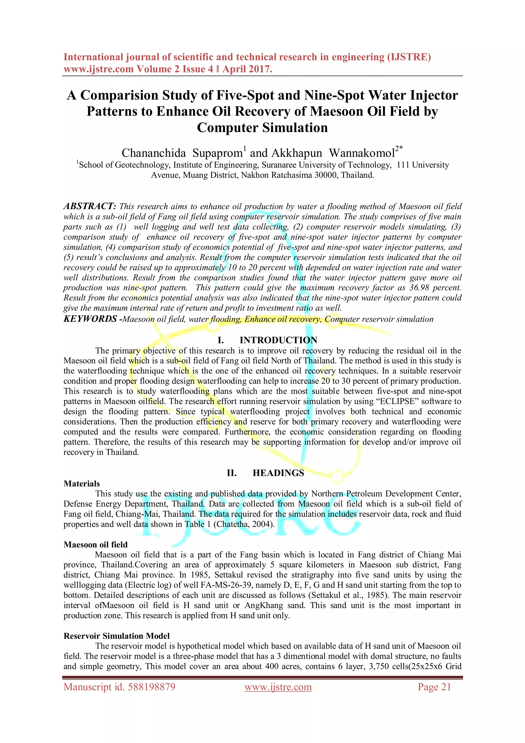 A Comparision Study of Five-Spot and Nine-Spot Water Injector Patterns ...