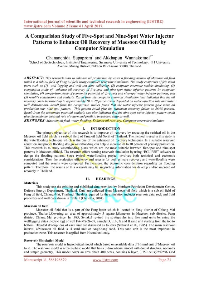 A Comparision Study of Five-Spot and Nine-Spot Water Injector Patterns ...