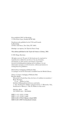 Monarchy In Southeast Asia The Faces Of Tradition In Transition Kershaw ...