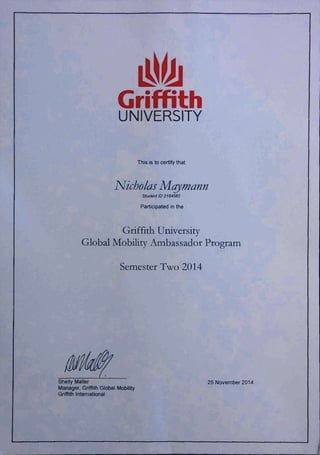 Griffith University Global Mobility Ambassador Certificate_page_1 | PDF
