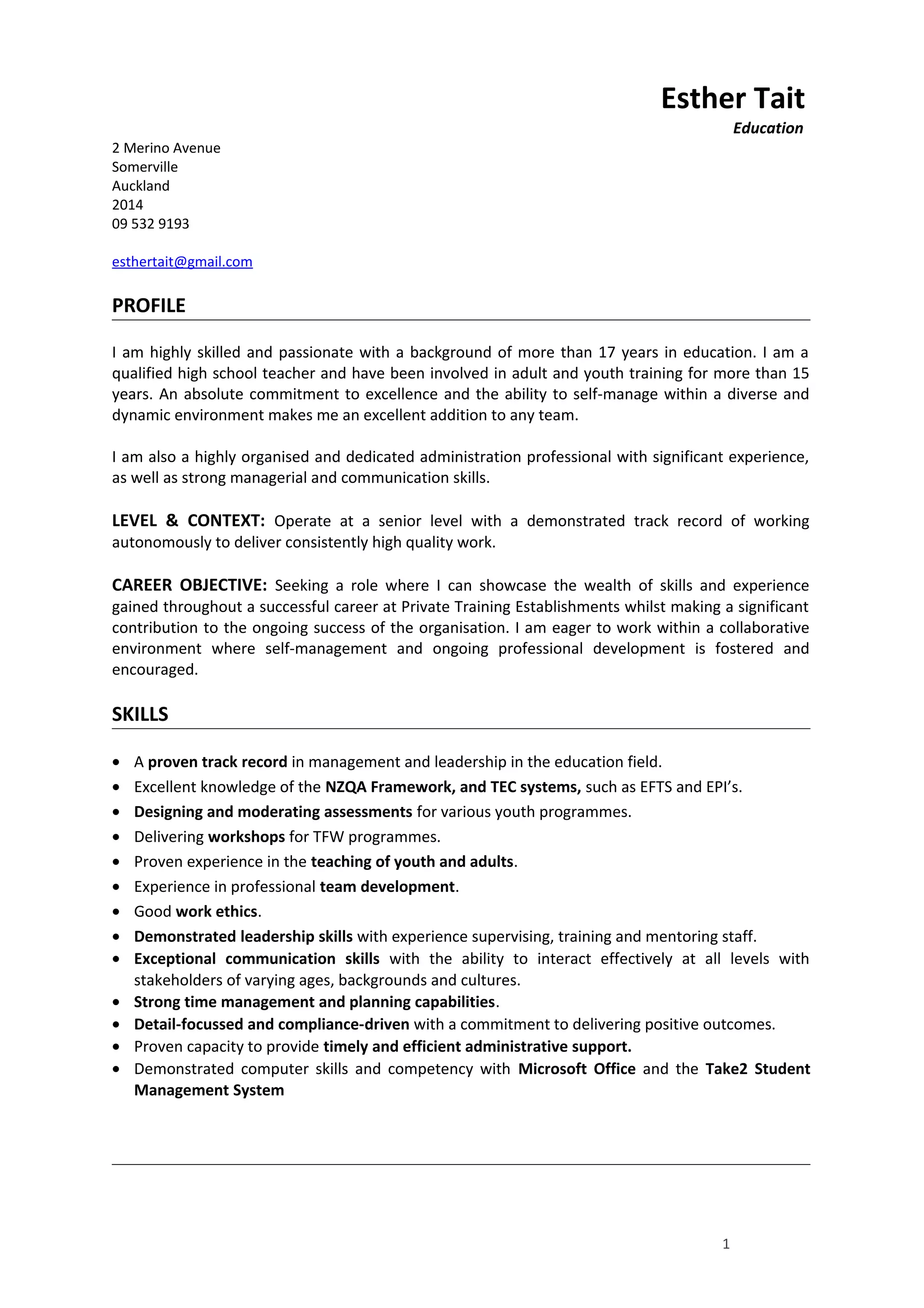 Esther Tait CV Education | DOC