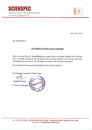 Safety Officer Experience Certificate