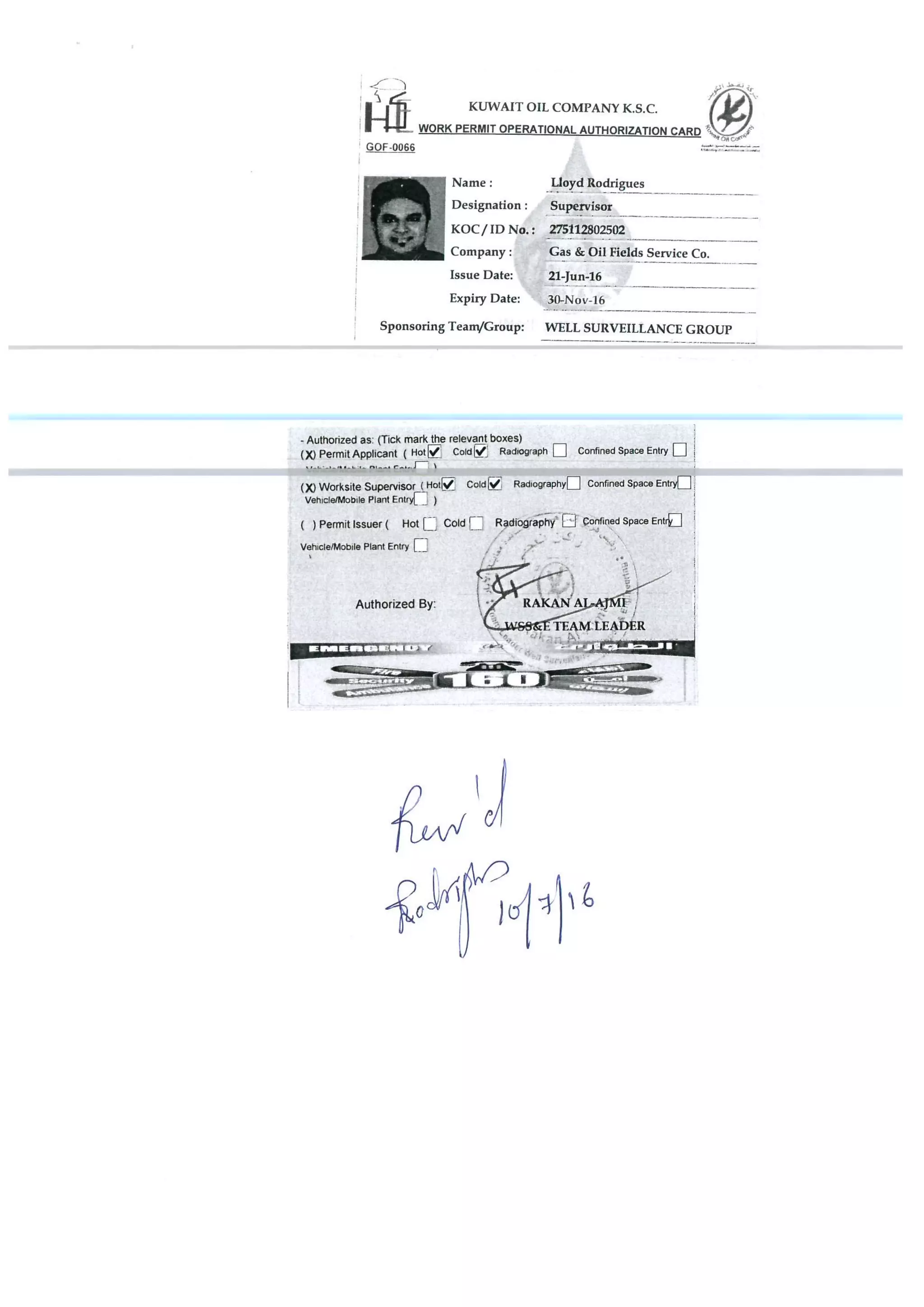 Permit to Work KOC ID - Lloyd Rodrigues | PDF