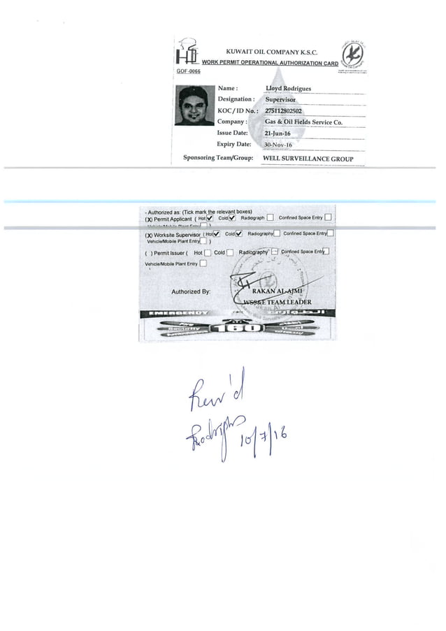 Permit to Work KOC ID - Lloyd Rodrigues | PDF