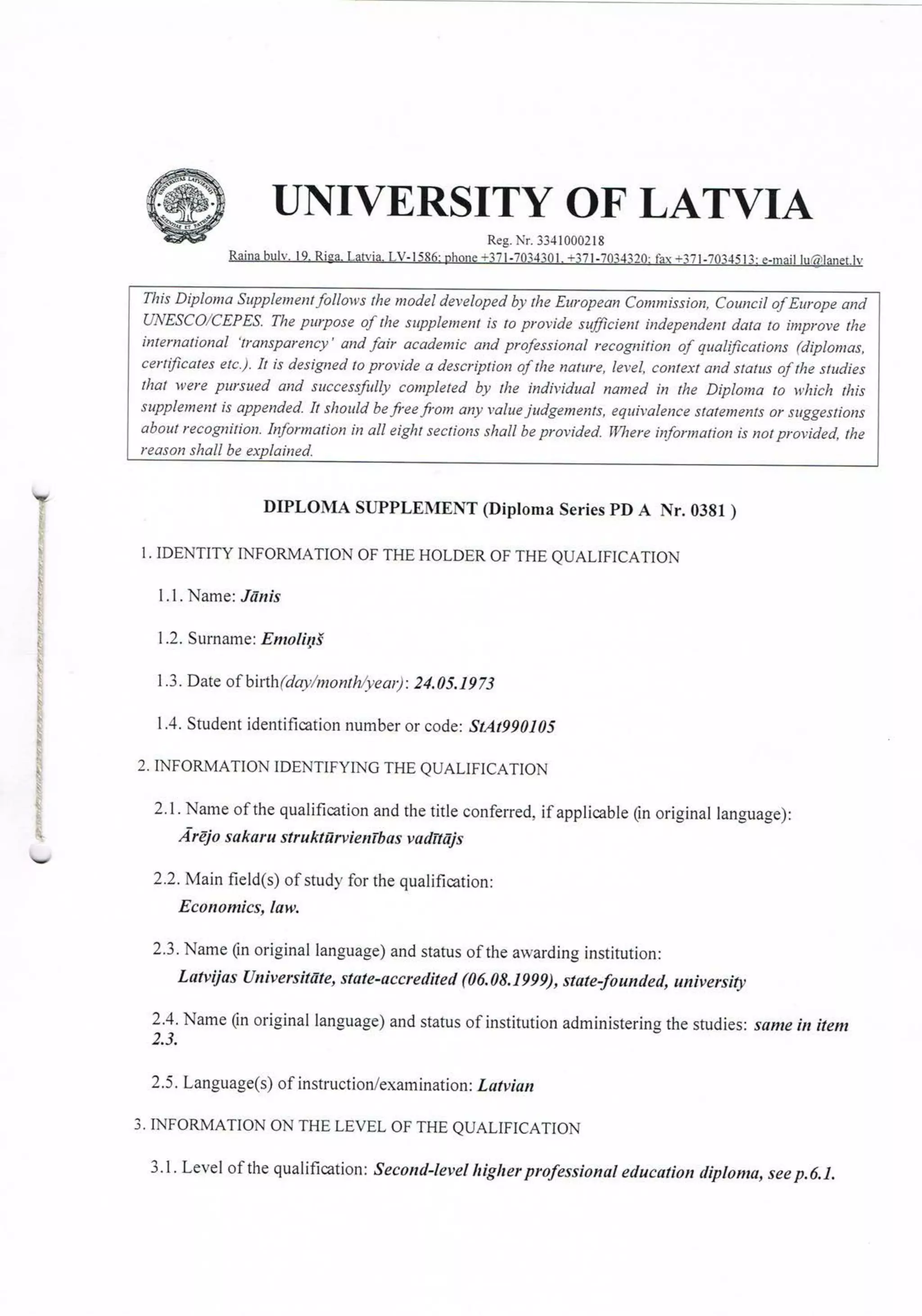 University of Latvia Diploma | PDF