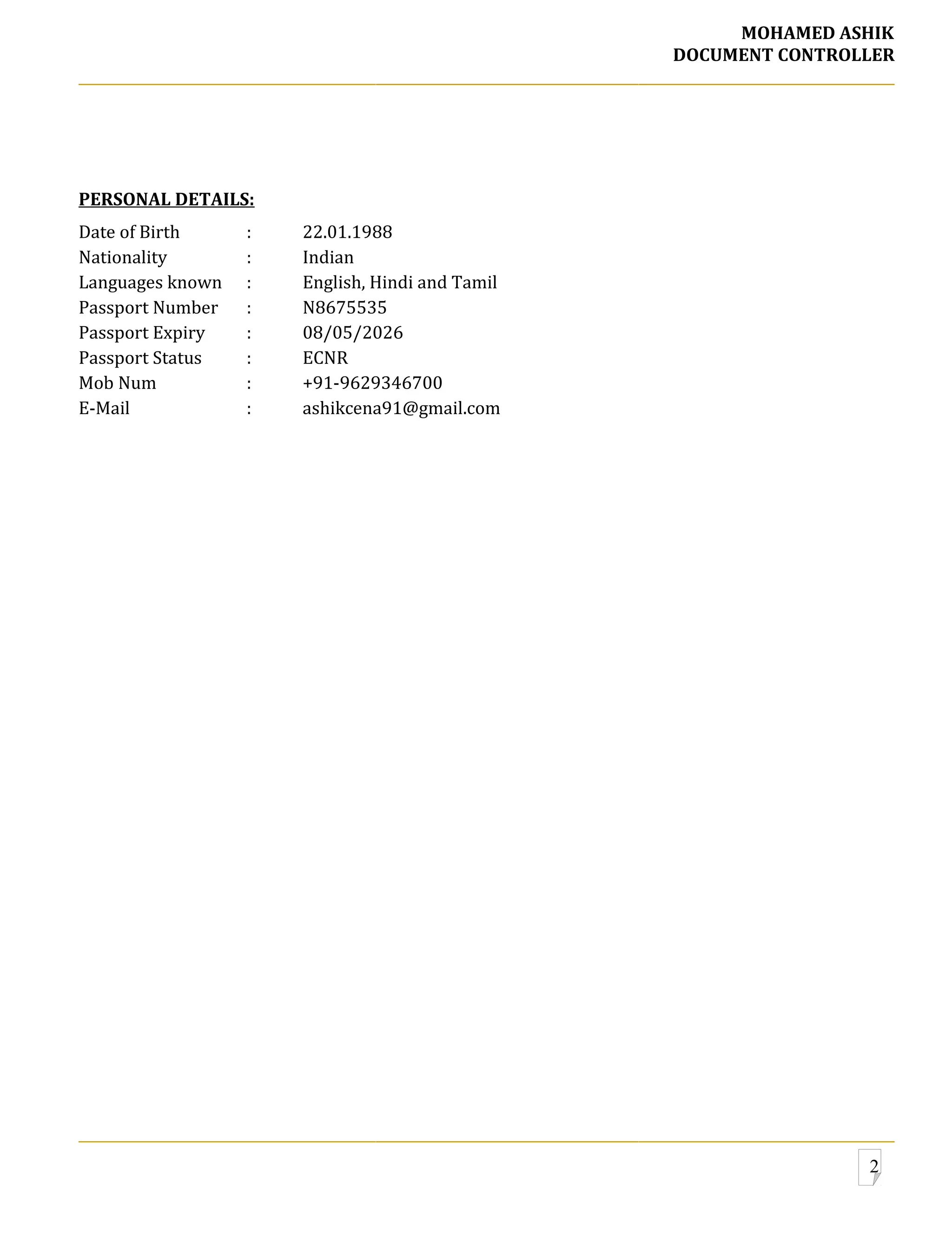 DOCUMENT CONT CV CV-Mohamed Ashik com doc | PDF