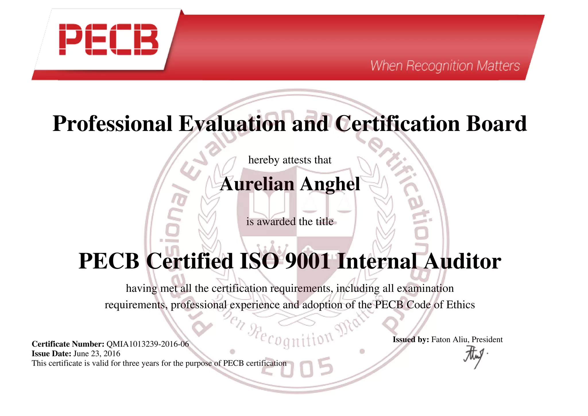 Certificate - Internal Auditor | PDF